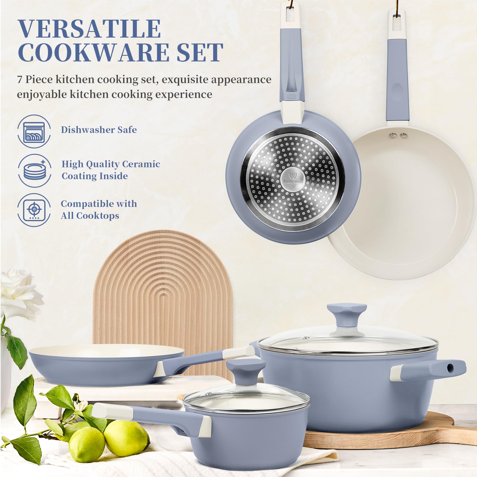 Pots and Pans Set Nonstick,7 Piece Cookware Set with Handle,Ceramic Nonstick Frying Pan & Saucepan & Stockpot,Dishwasher/Oven Safe,PFAS/PFOA Free(Blue Grey)