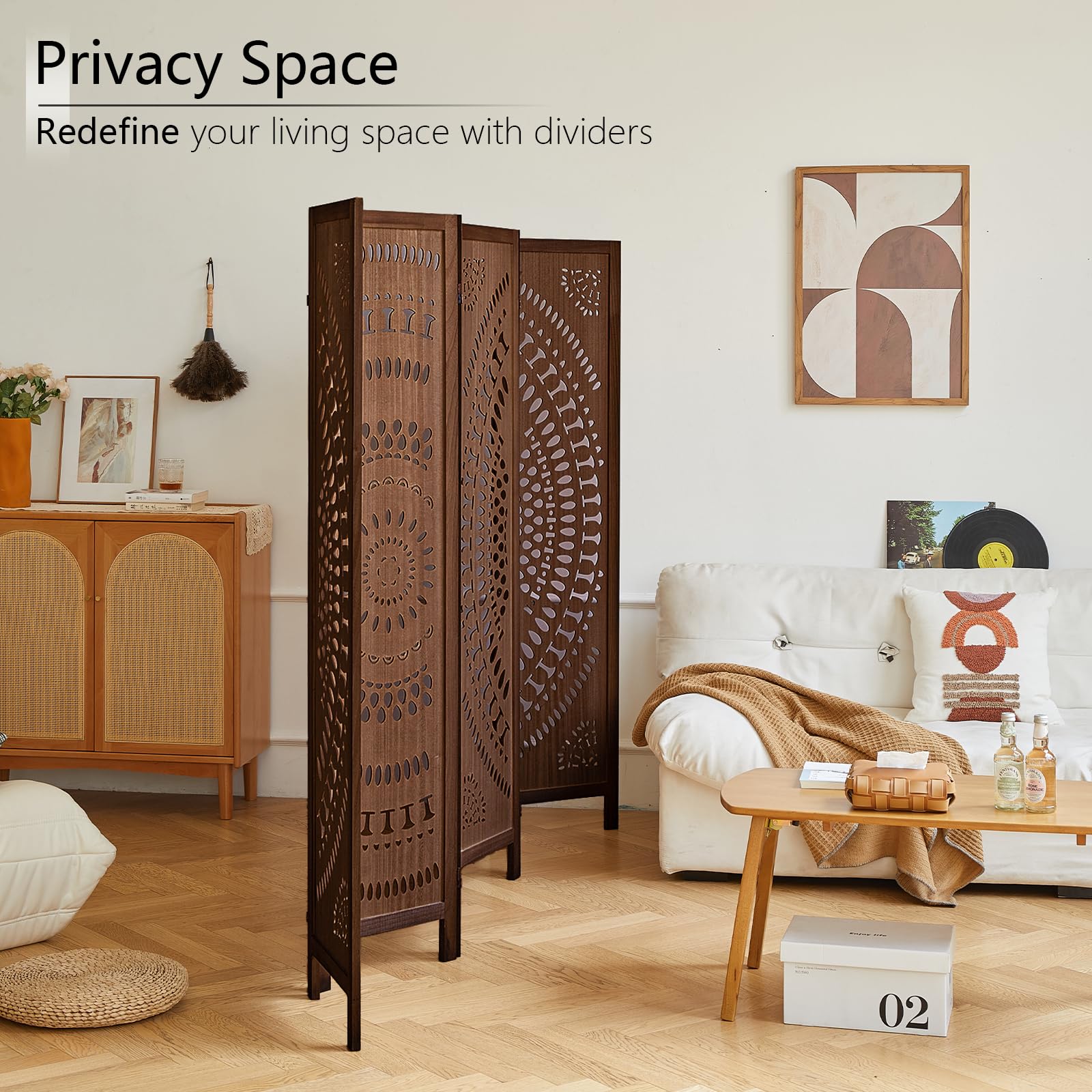 BMWEI Wooden Room Divider Wall, 5.6 FT Wall Divider Room, 6 Panel Room Divider Screen, Portable Room Divider, Carved Room Divider Panel, Folding Room Divider, for Home Bedroom Office (Natural)