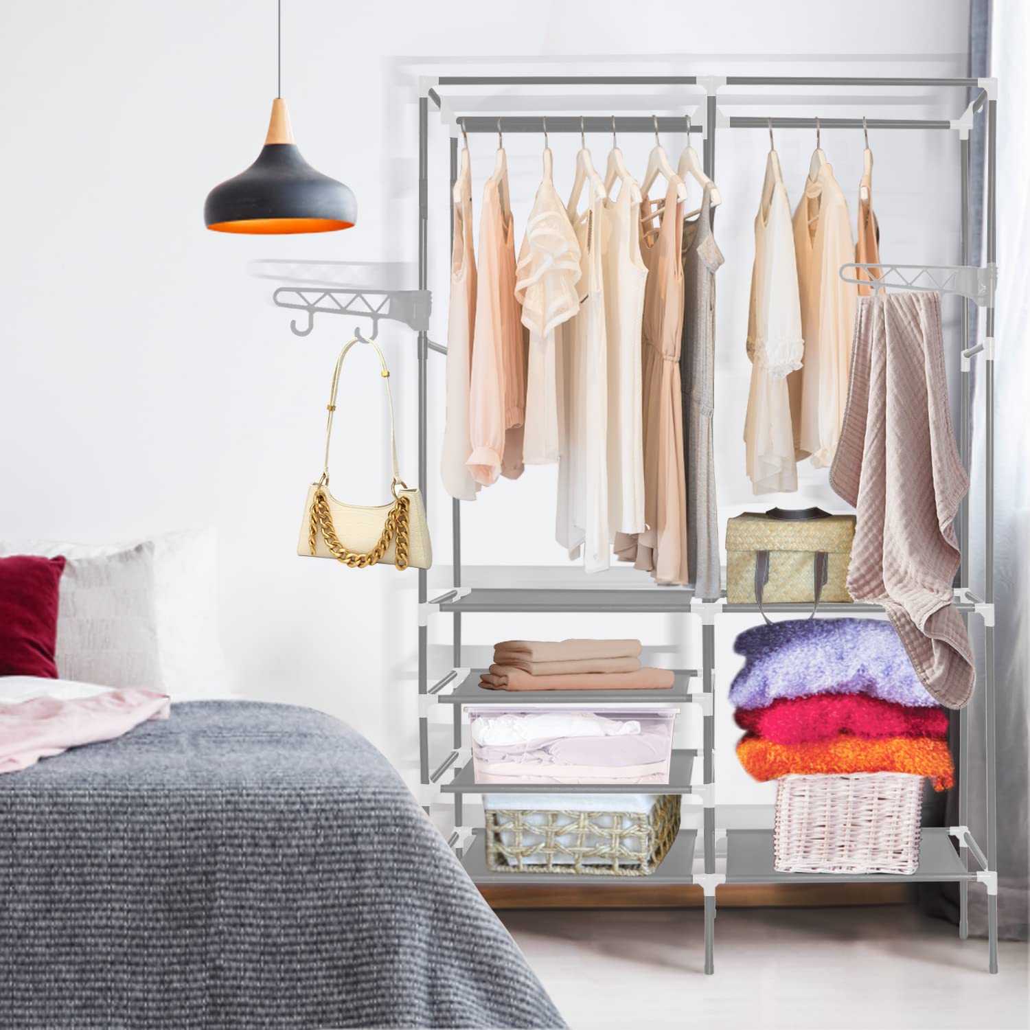 Garment Freestanding Clothes Organizer Closet, Metal Hanging Storage Organizer Rack Wardrobe with Shelves& Hanging Rods,Clothes Hanger Organizer (Grey)