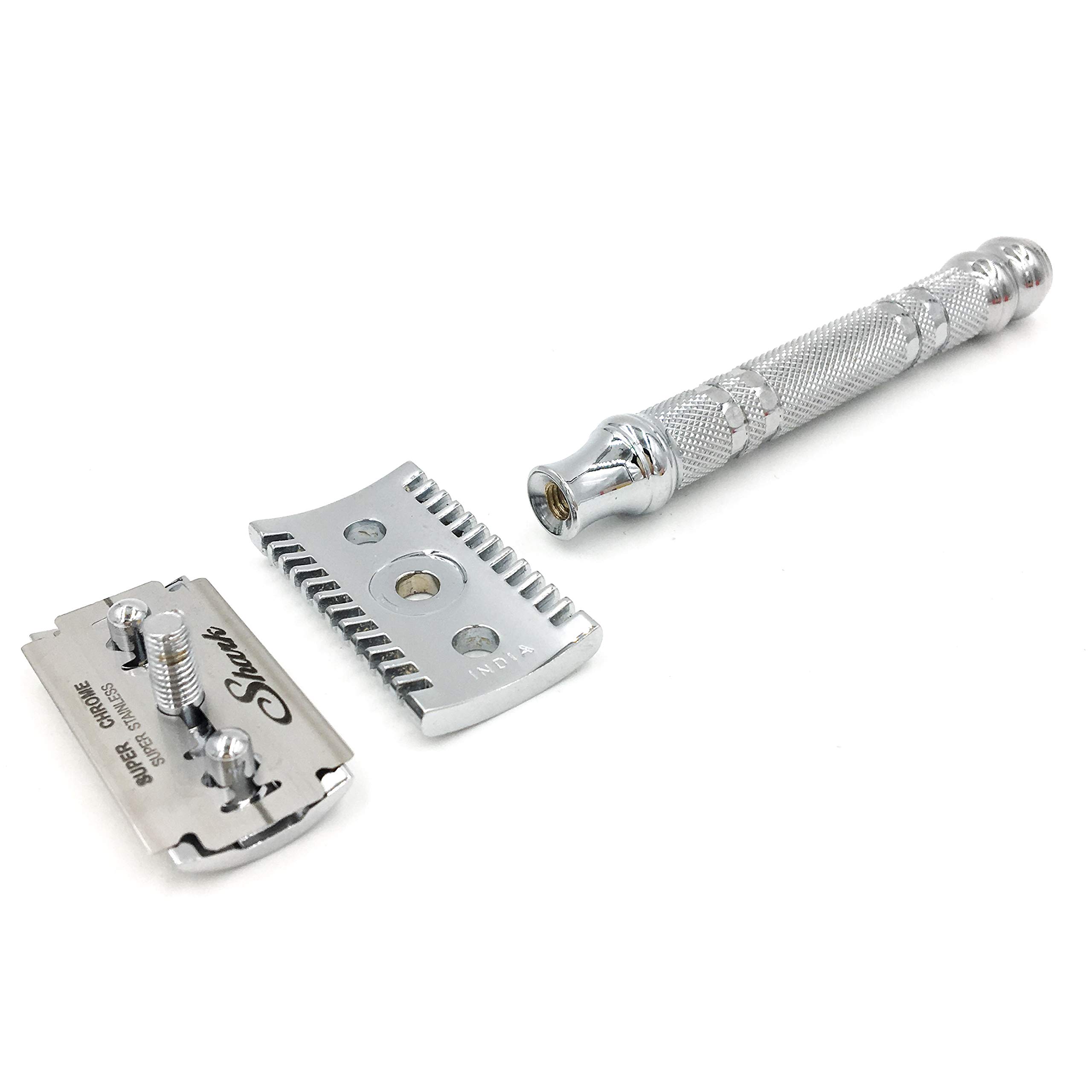 Parker Deluxe OPEN COMB Double Edge Safety Raozr, Electroplated Brass Handle, 5 Blade Refills Included (24C - Deluxe Chrome)