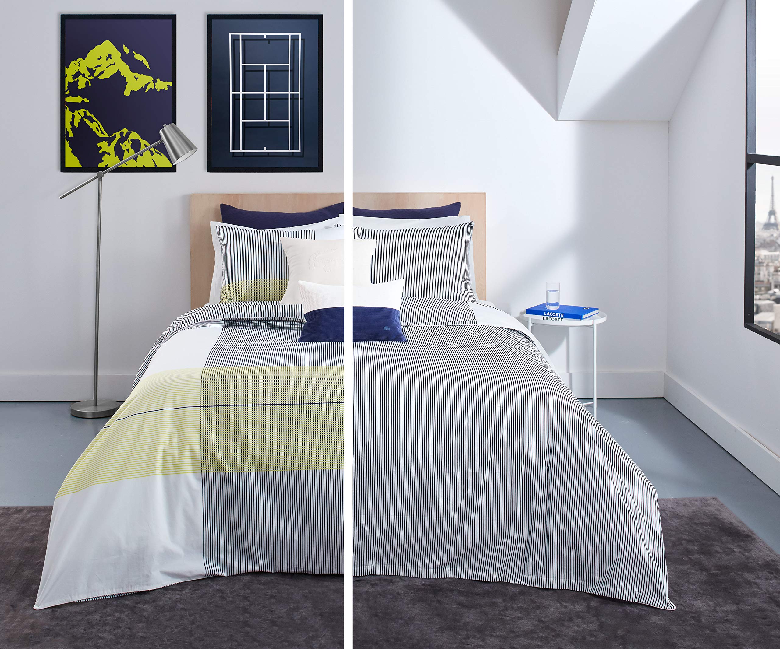 Lacoste Backspin 2- Piece Reversible 100% Cotton Striped Duvet Cover & Sham Set, Twin/Twin XL, Ivory/Blue/Yellow