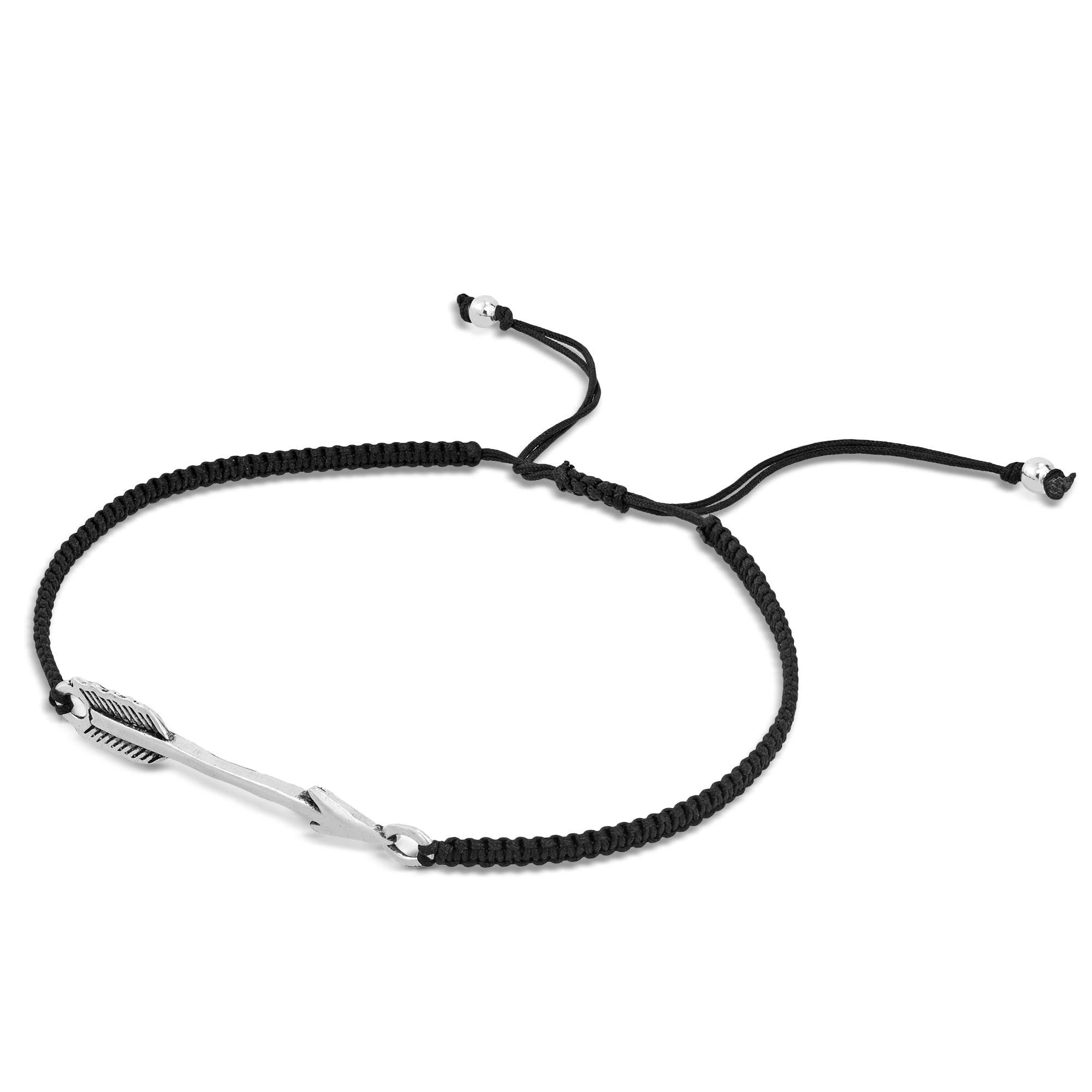 AeraVida Valiant Forged Arrow .925 Sterling Silver Charm on Cotton Rope Adjustable Wrist Pull Bracelet | Cotton Rope Bracelet for Women | Adjustable Silver Arrow Rope Bracelet