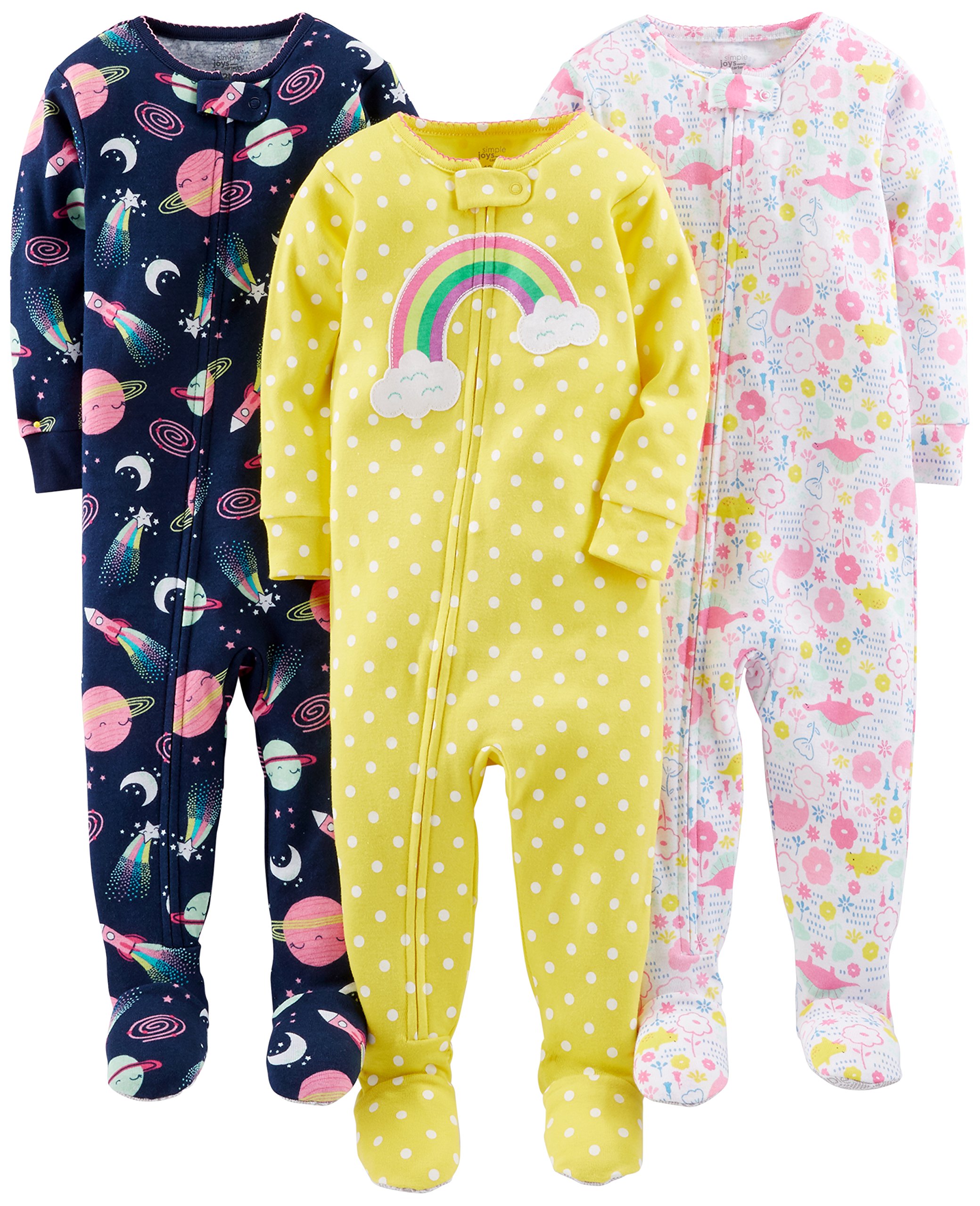 Simple Joys by Carter's Girls' 3-Pack Snug Fit Footed Cotton Pajamas, Navy Space/White Dinosaur/Yellow Dots, 12 Months
