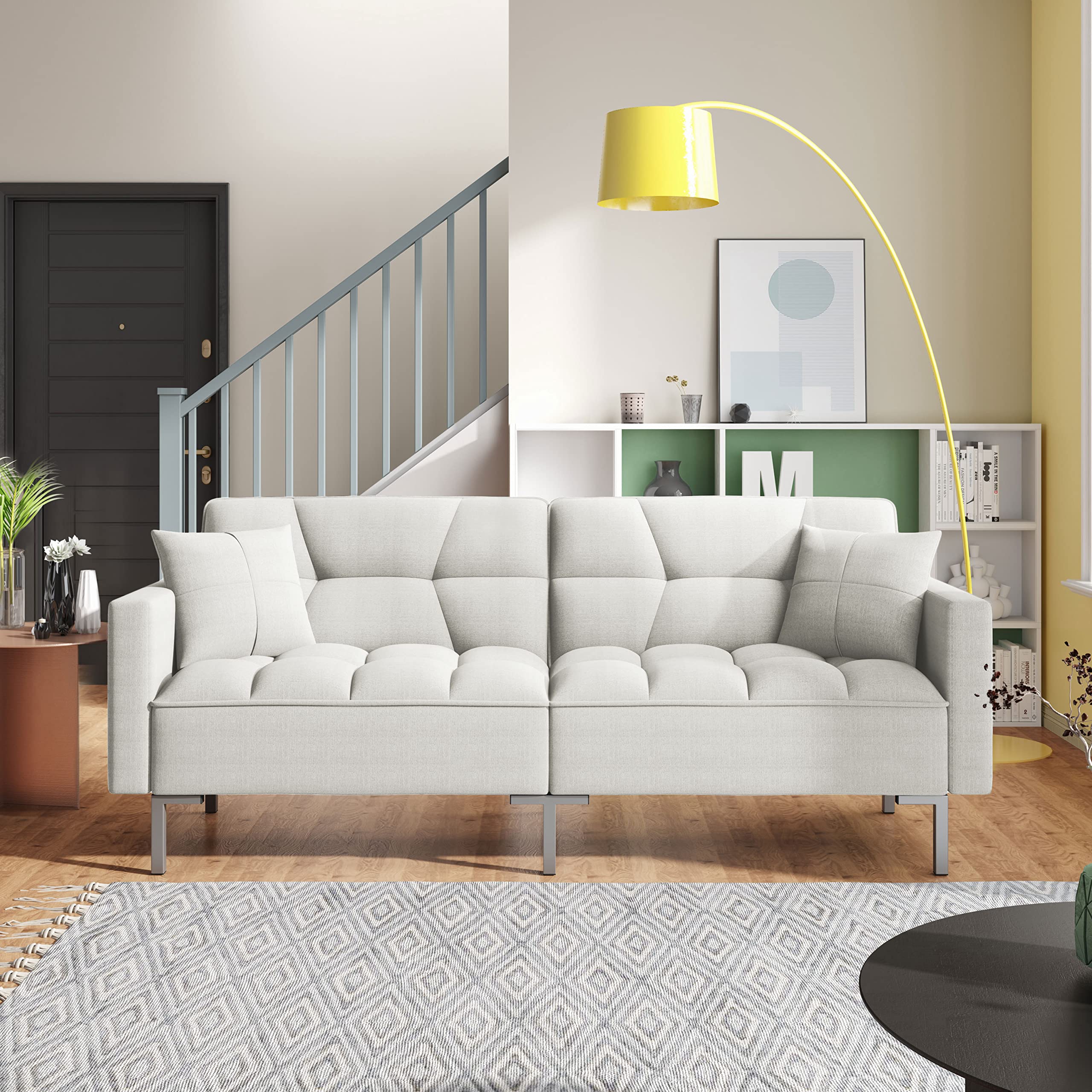 Majnesvon Linen Convertible Futon Sofa Bed, 2-in-1 Sleeper with 2 Pillows, 3 Adjustable Angles for Backrest, Living Room Couch 5 Sturdy Metal Legs, Upholstered Loveseat Home, (White)