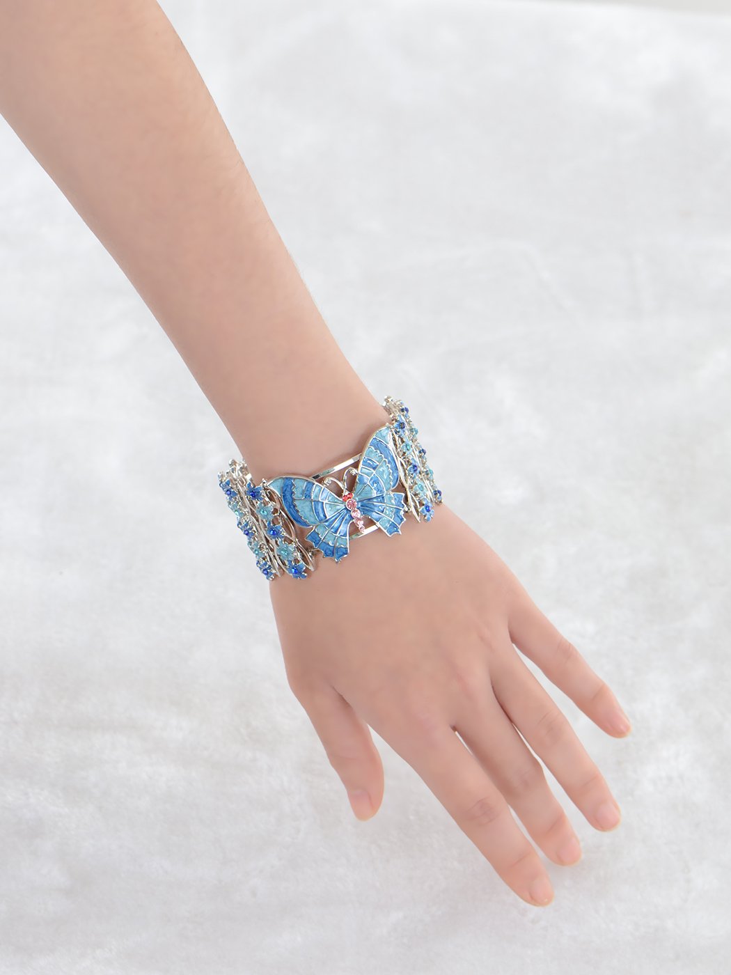 Alilang Silver Tone Blue Enamel Floral Crystal Rhinestone Flower Butterfly Cuff Bangle Bracelet