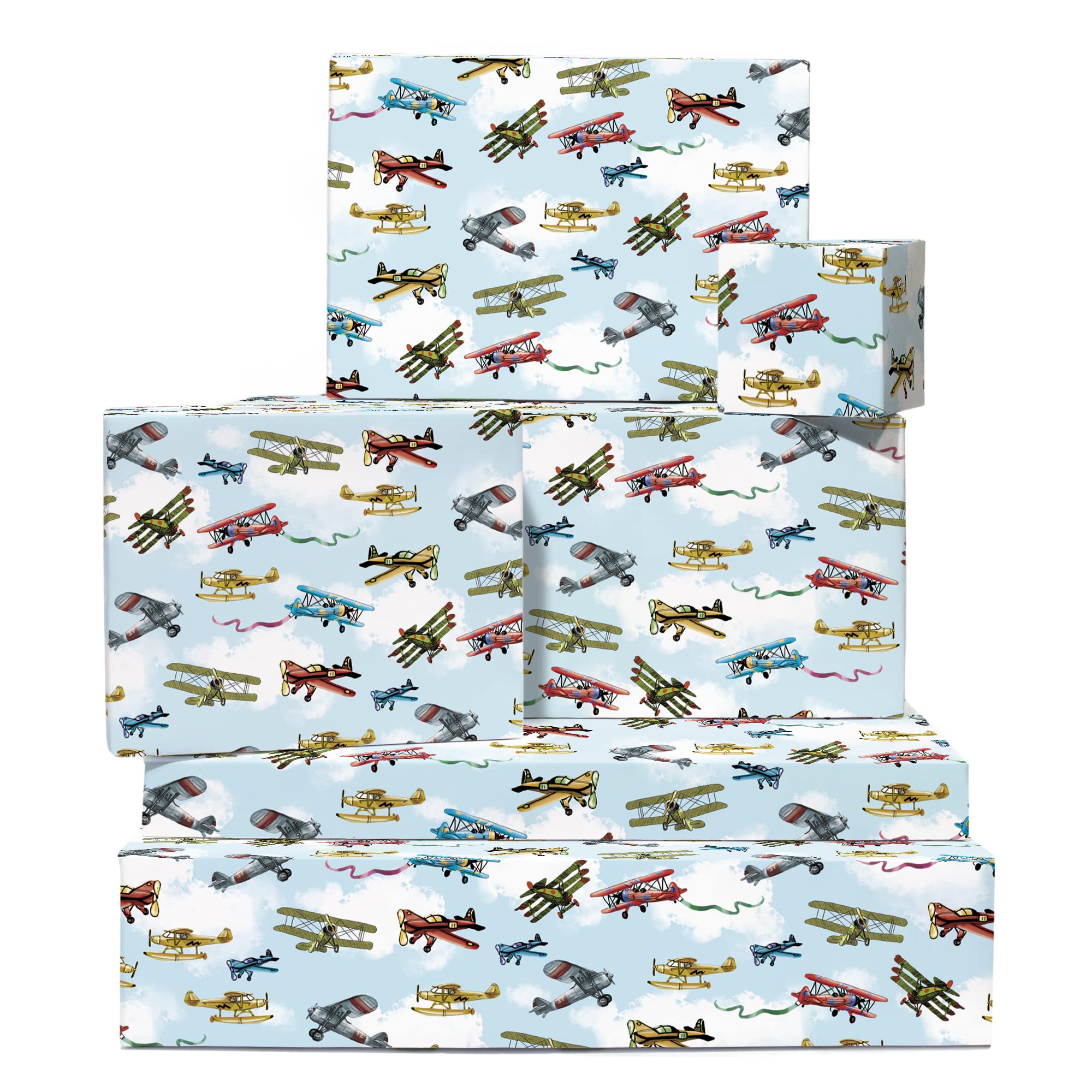 CENTRAL 23 Kids Wrapping Paper - 6 Sheets of Gift Wrap and Tags - Vintage Airplane - Boys Birthday Wrapping Paper - Birthday Gift Wrap for Men Him Adult - with Stickers - Recyclable
