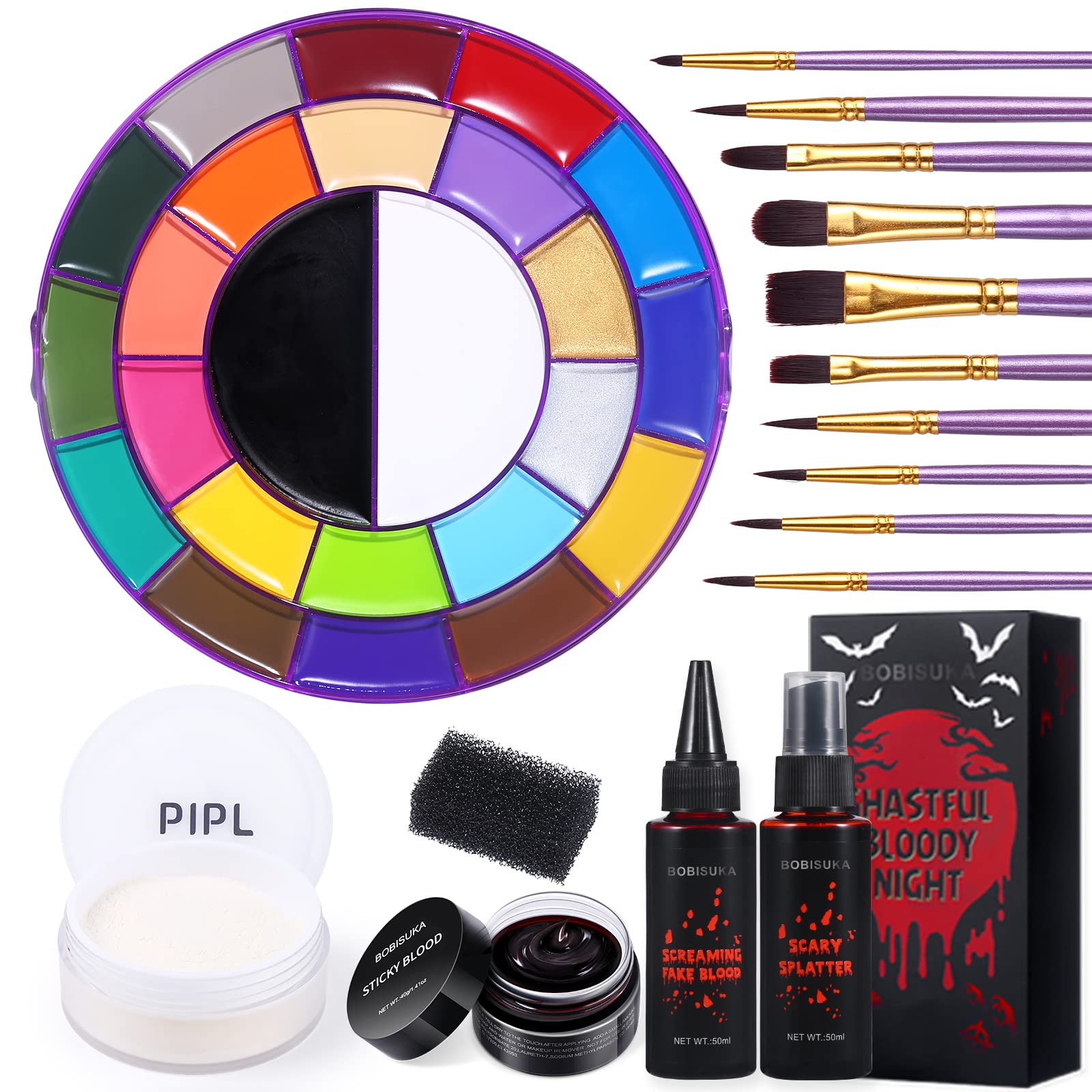 BOBISUKA Halloween Makeup Kit, 24 Colors Face Body Paint Oil Palette + 3 SFX Fake Blood Washable + 1 Translucent Setting Powder + 10Pcs Artist Painting Brushes, Halloween Set for Stage,Cosplay & Party