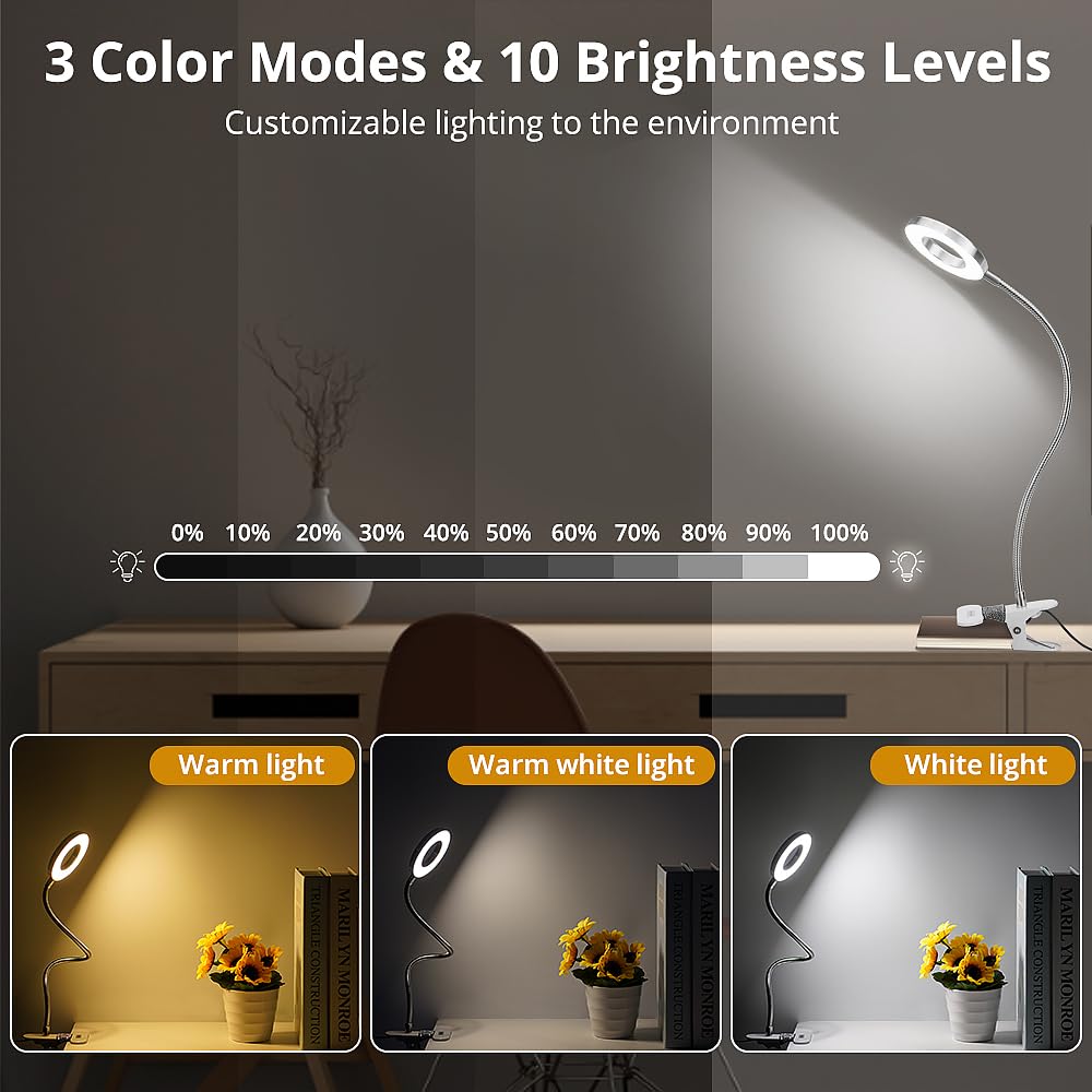 Skymore Clip on Light -3 Color Modes&10 Brightness LED Reading Desk Light with Clamp Flexible Gooseneck Book Light for Kids' Bedtime Reading, Zoom Meetings, Clip on Table, Headboard, Dorm&Office Use