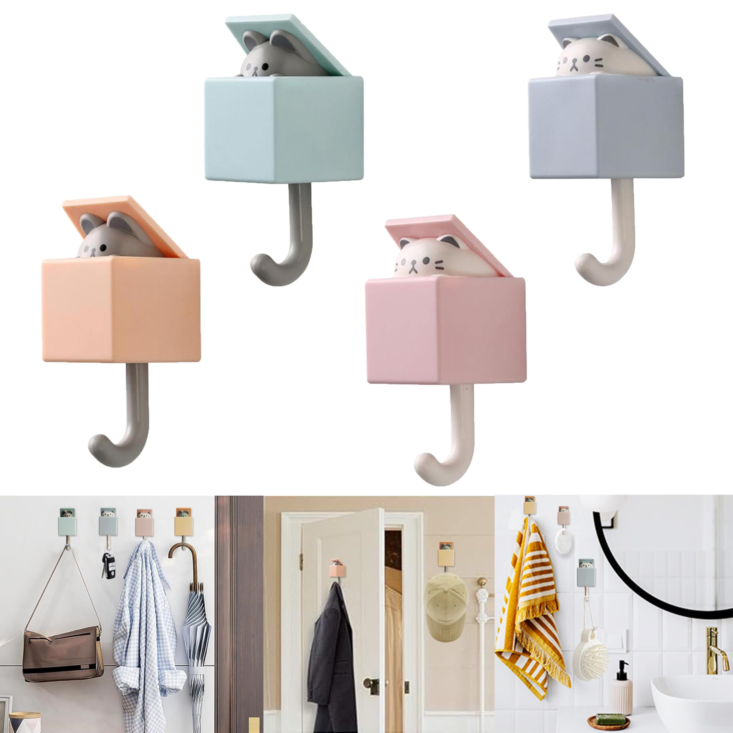 FUZSKWID 4 Pcs Cute Adhesive Hooks-Towel/Coat/Key Hooks for Wall and Door,Kawaii Pet Creative Design Decorative Wall Hooks for Living Room,Bathroom,Bedroom,Girls' Dormitory for More Hanging Objects