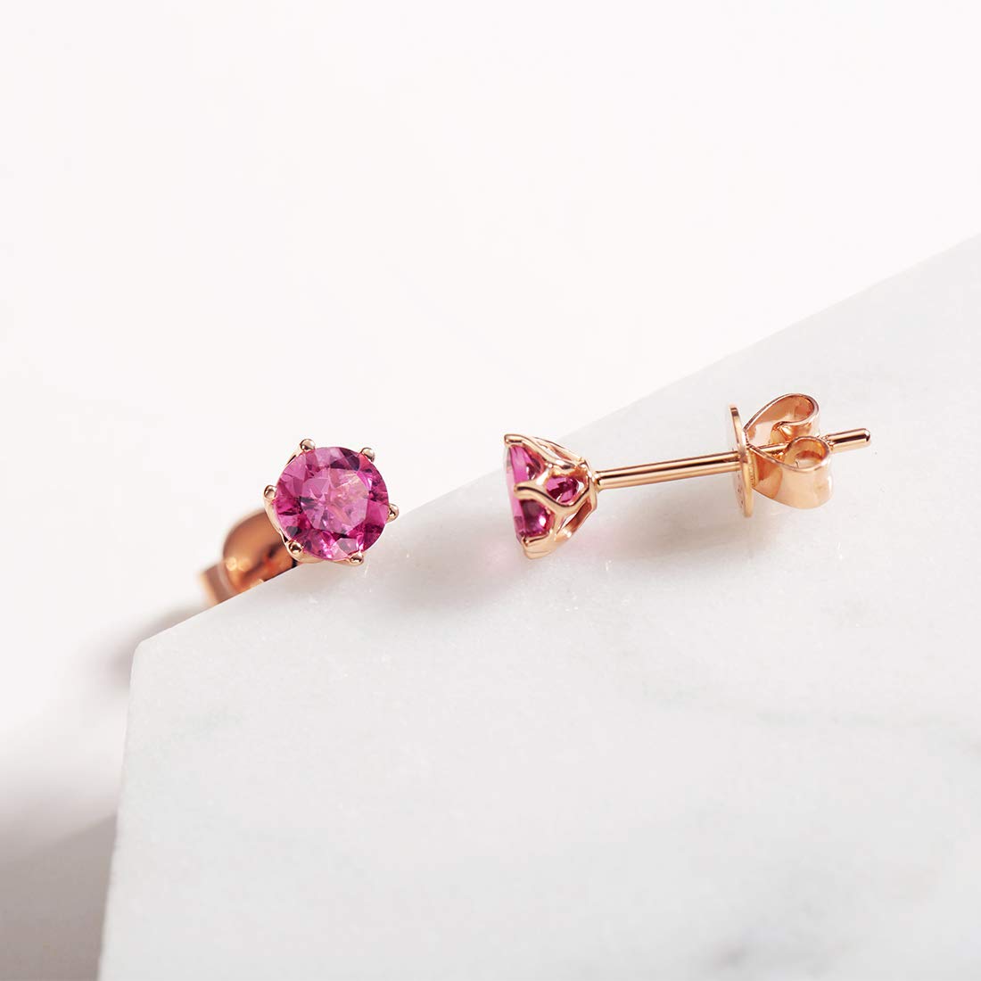 Agvana 14K Solid Rose Gold Solitaire Tiny Genuine 0.73Ct Pink Tourmaline Small Stud Earrings