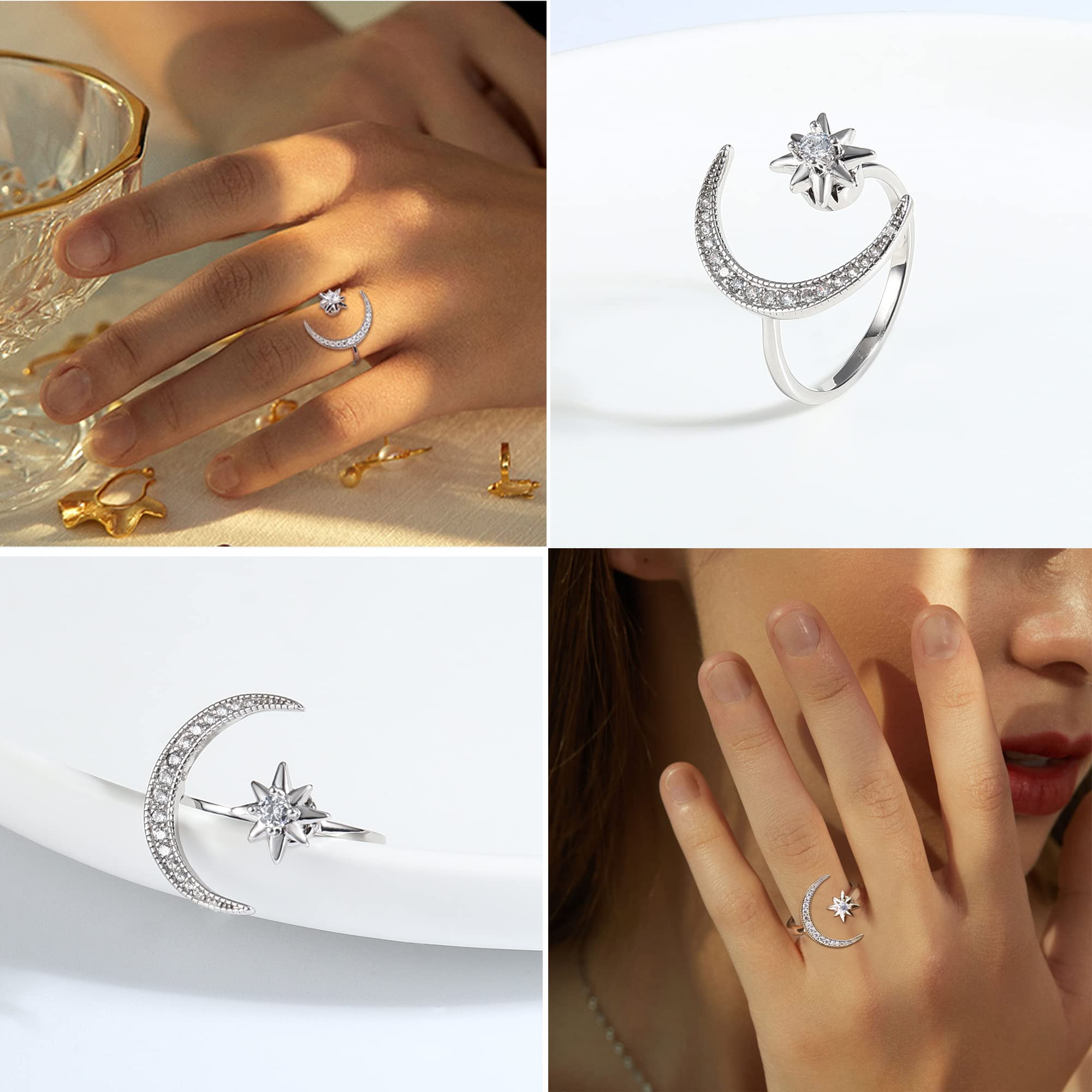 ADRAMATA 925 Sterling Silver Moon Ring for Women Crescent Moon Ring Platinum Plated Fidget Spinning Ring for Anxiety Stress Relieving Women's Sterling Silver Moon Ring Adjustable