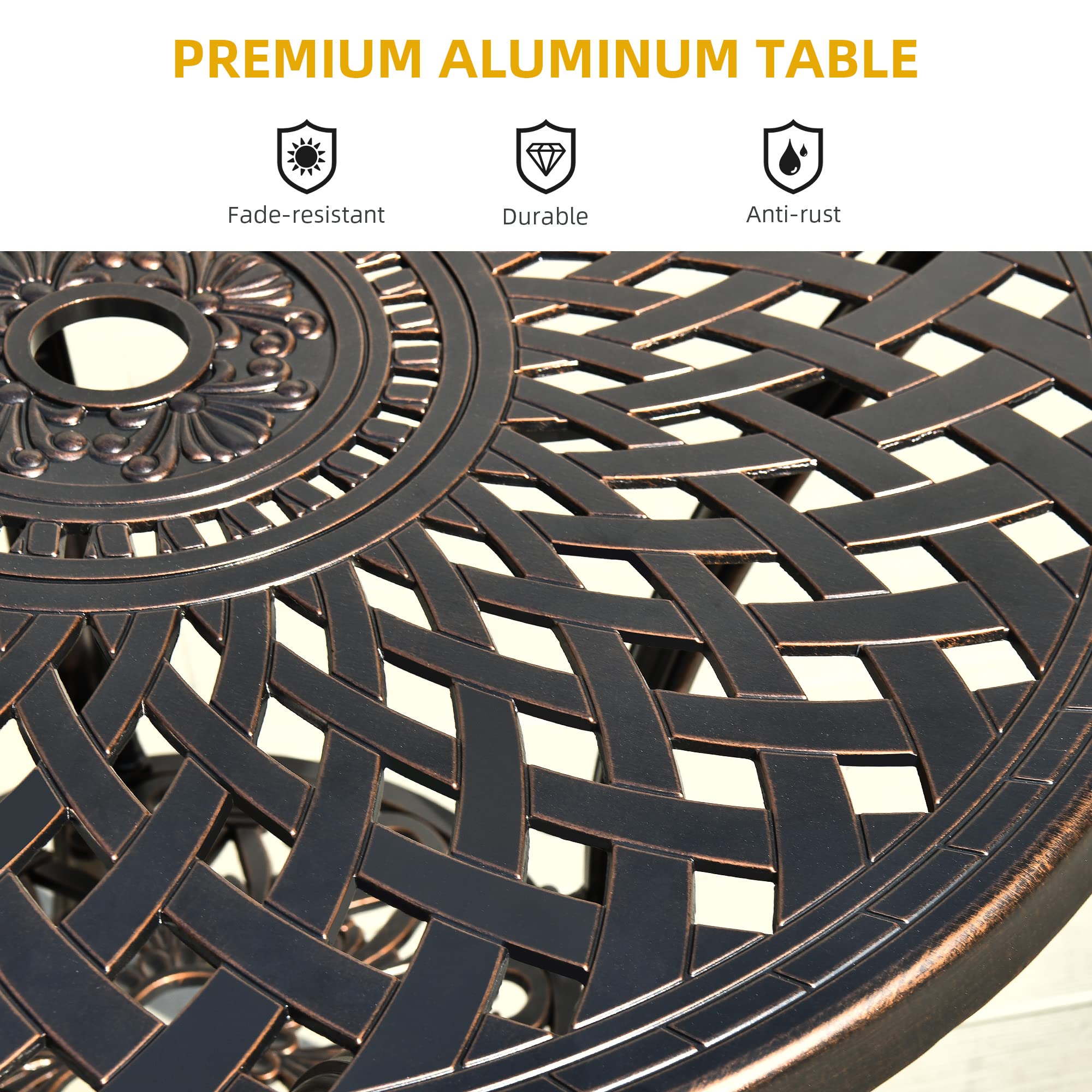 DWVO 30 Inches Round Patio Dining Table with Umbrella Hole, Antique Cast Aluminum Outdoor Bistro Table Outdoor Side Table for Backyard, Garden, Patio, Porch, Hammered Bronze
