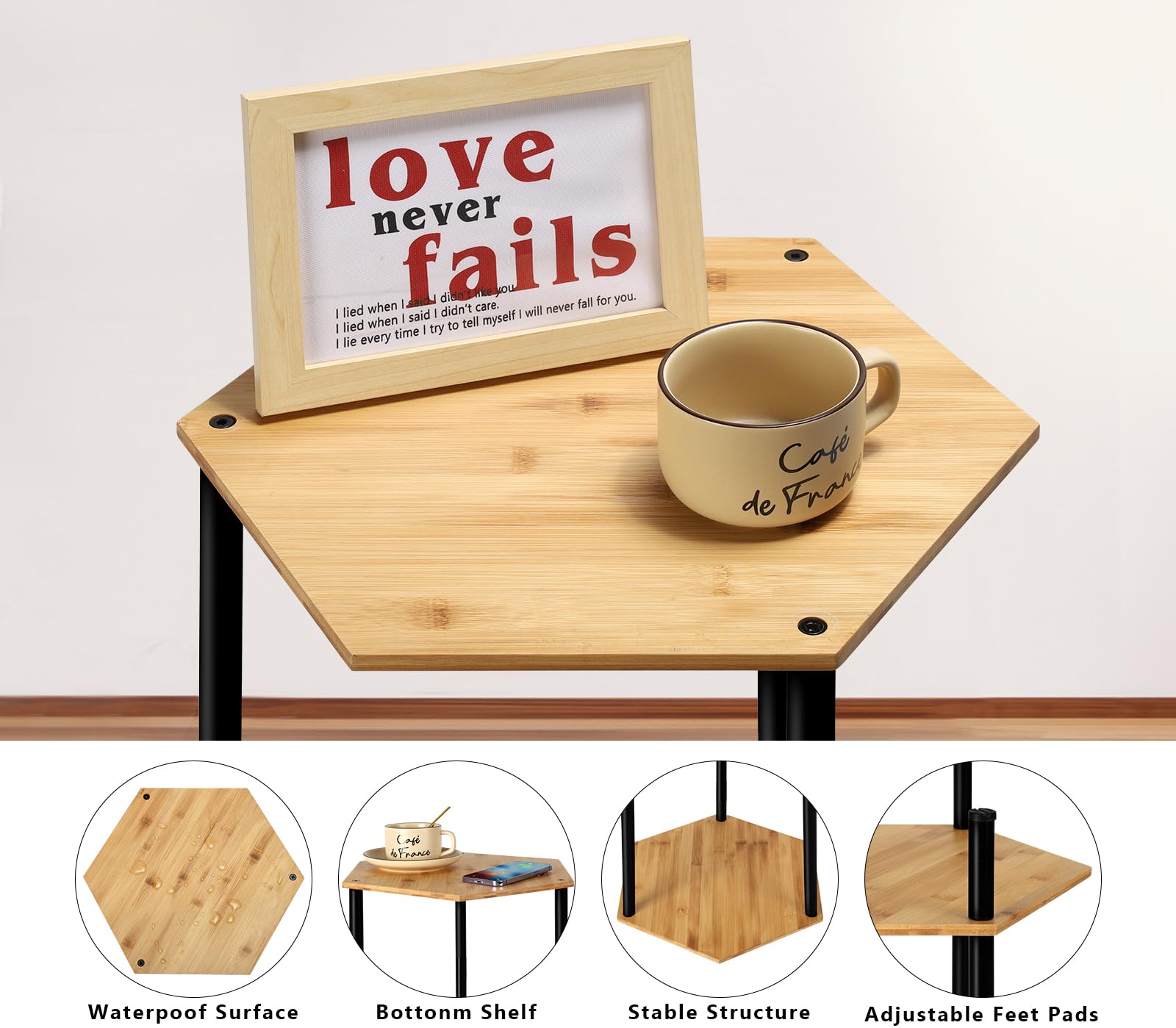 SEHERTIWY Bamboo Side Table Set of 2, Hexagon Nightstands for Bedrooms, Side Tables for Small Spaces, Modern Coffee Table, 2 Tiers Rustic Accent Tables for Bedroom