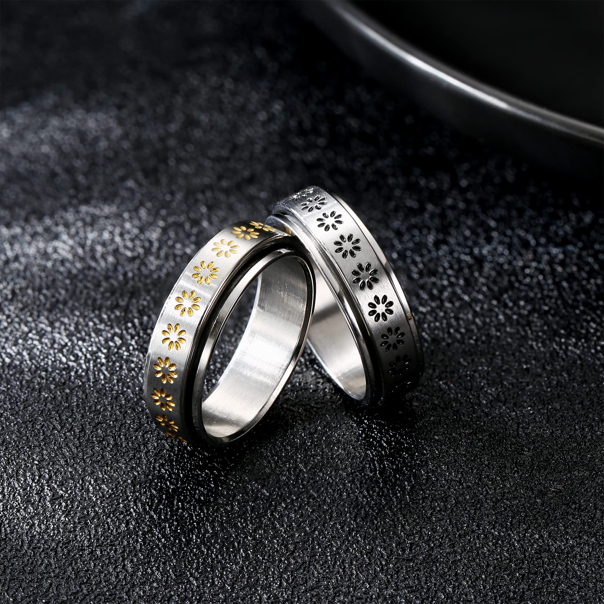 ADRAMATA Fidget Rings for Anxiety for Women Men Stainless Steel Meditation Rotatable Ring Gold&Black Star Moon Phase Daisy Anxiety Ring Spinner Ring Set 2PCS