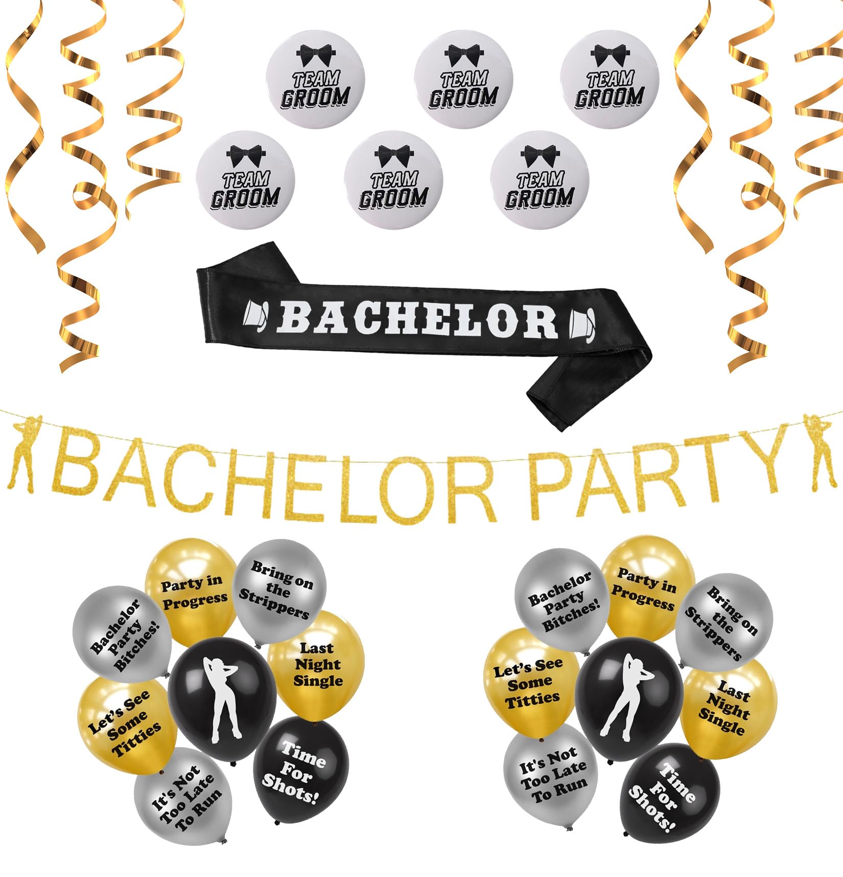 Brosash Bachelor Party Decorations, (Gold Bachelor Banner, Bachelor Sash, 16 Funny Party Balloons, and 8 Team Groom Button Pins) 26 Piece Set, Bachelorette Party Supplies GiftsâŚ