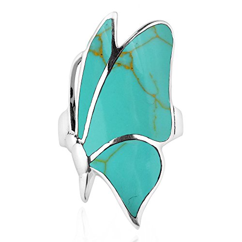 AeraVida Flying Monarch Butterfly Simulated Turquoise Inlay Stone .925 Sterling Silver Ring (6)