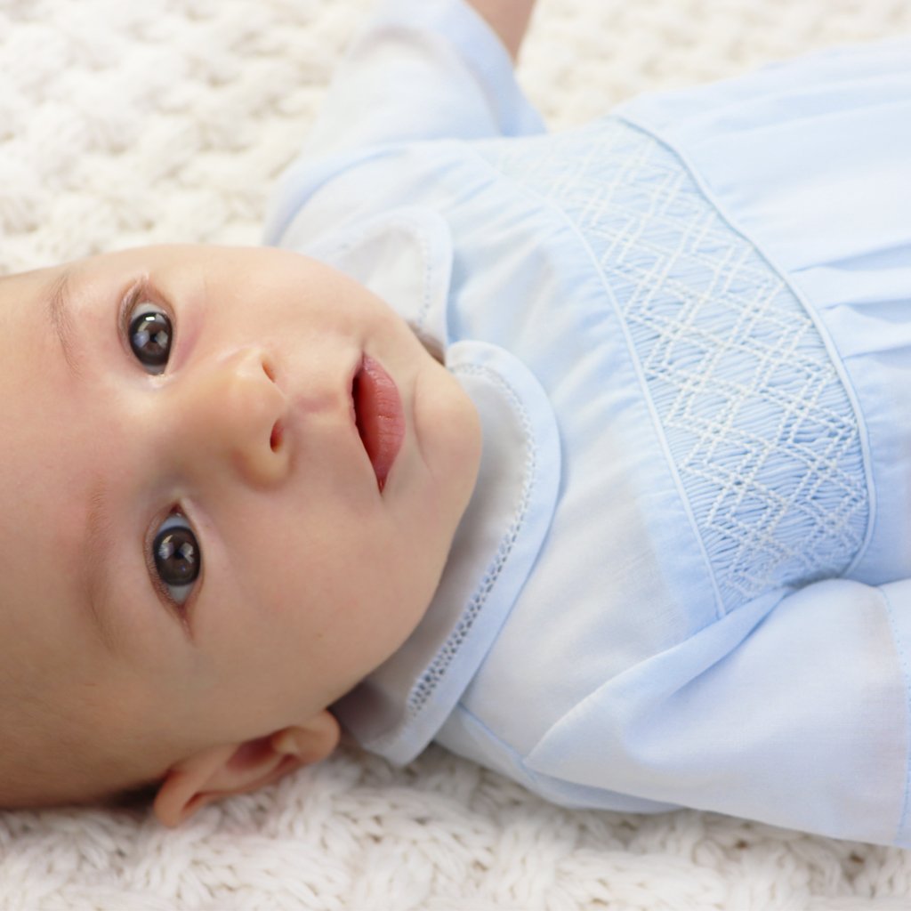 Petit Ami Baby Boys' Romper with Smocking and Faggoting, 12 Months, Blue