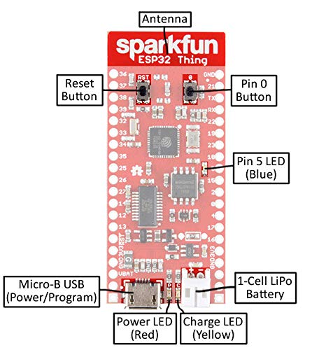 SparkFun ESP32 Thing Developement Board WiFi & microcontroller Compatible with Bluetooth for IoT & prototyping Projects w/Integrated LiPo Battery Charger 4MB Flash Memory 3 to 3.6V Operating Range