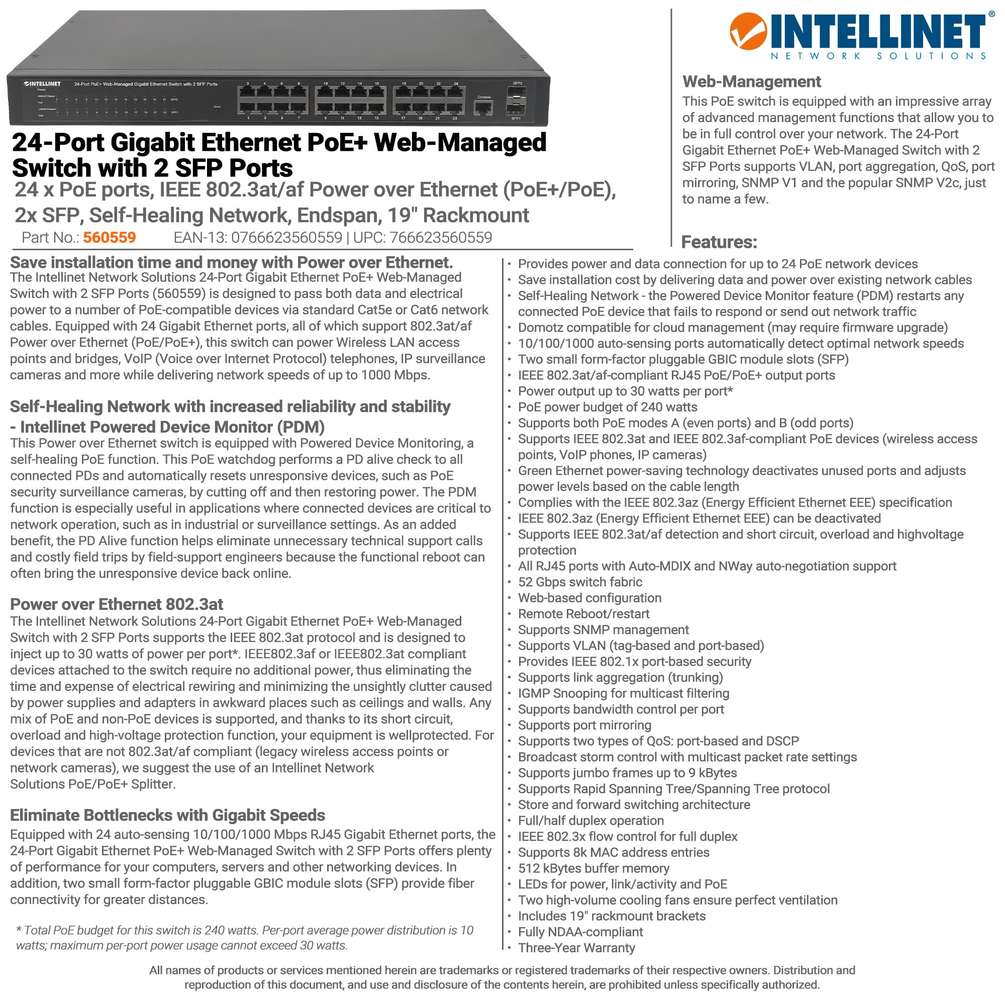 Intellinet 24 Port PoE Web Managed Gigabit Ethernet Switch with 2 SFP Ports - 240W Power Budget, Self Healing Network, SNMP Management, Endspan, 19" Rackmount - 3 Yr Mfg Warranty - 560559
