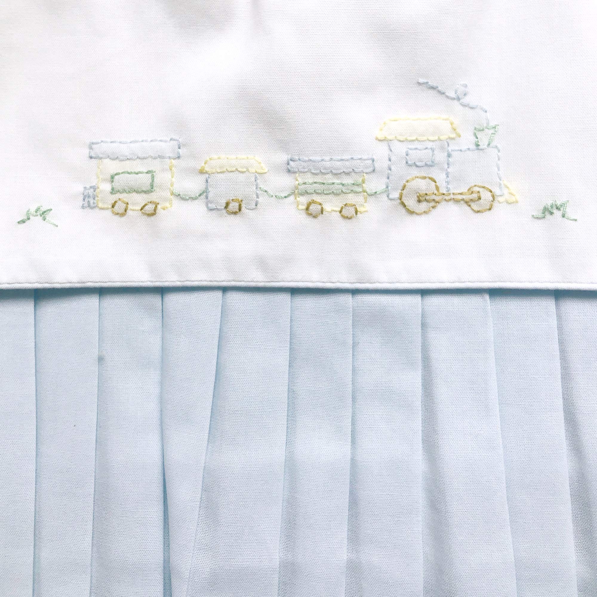 Petit Ami Baby Boys' Square Collar Romper with Train Embroidery, 6 Months, Blue