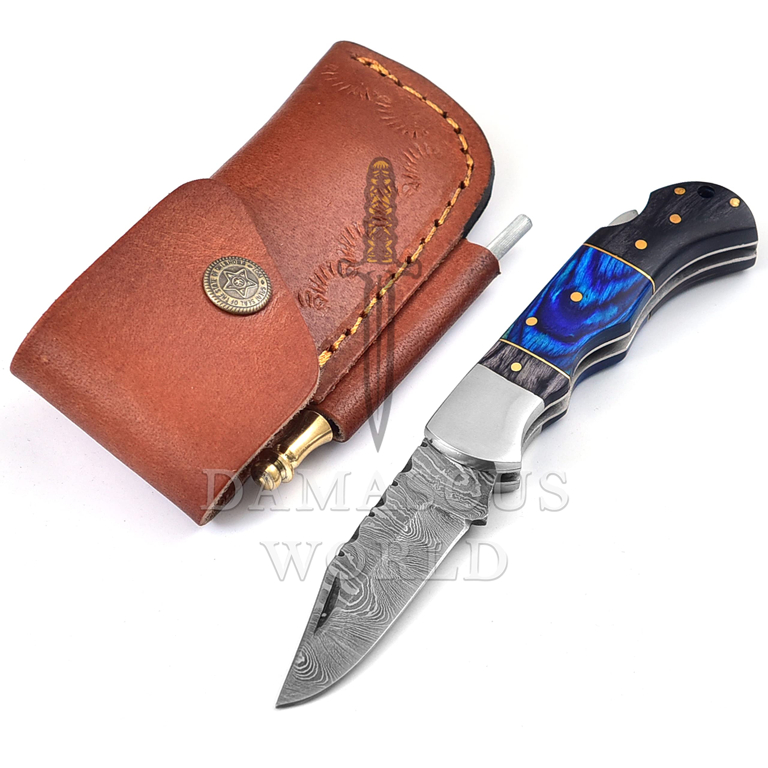 AHAFR DW-995-FLD 6.5 Inch 100% Handmade Damascus Folding Knife for Men - Folding Hunting Knife with Back Lock Leather Sheath & Knife Sharpener (Black Pakka Wood)