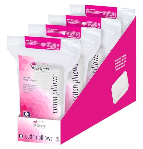 Swisspers Premium Cotton Pillow – 100 Count (Pack of 4) – Ultra-Soft, Hypoallergenic Cotton Pads with Precision Grip for Gentle Skincare and Makeup Removal – Lint-Free Cleaning
