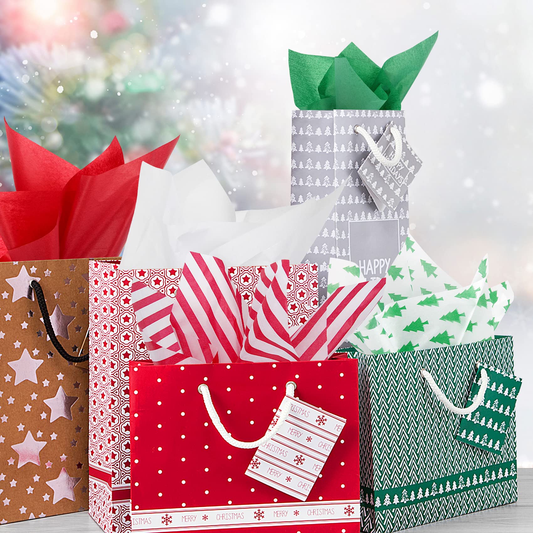 Blisstime Christmas Tissue Paper Gift Wrapping Paper, 200 Sheets, 13.5" X 19.5", White, Red, Green, Red Stripe, Christmas Trees Design
