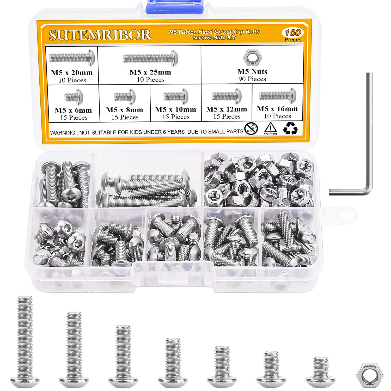 Sutemribor 180Pcs M5 Stainless Steel Button Head Hex Socket Head Cap Bolts Screws Nuts Assortment Kit + Wrench