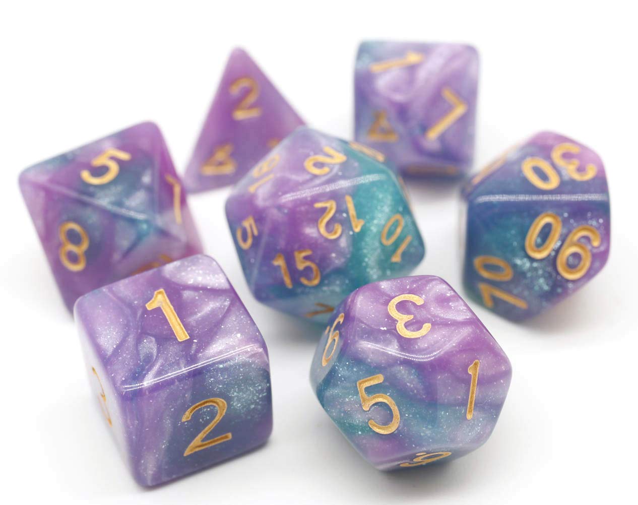 DND Dice Polyhedral 7-Die Dice Set for D&D Dungeons & Dragons Role Playing Gaming Night Sky dice with Glitter Purple Green…