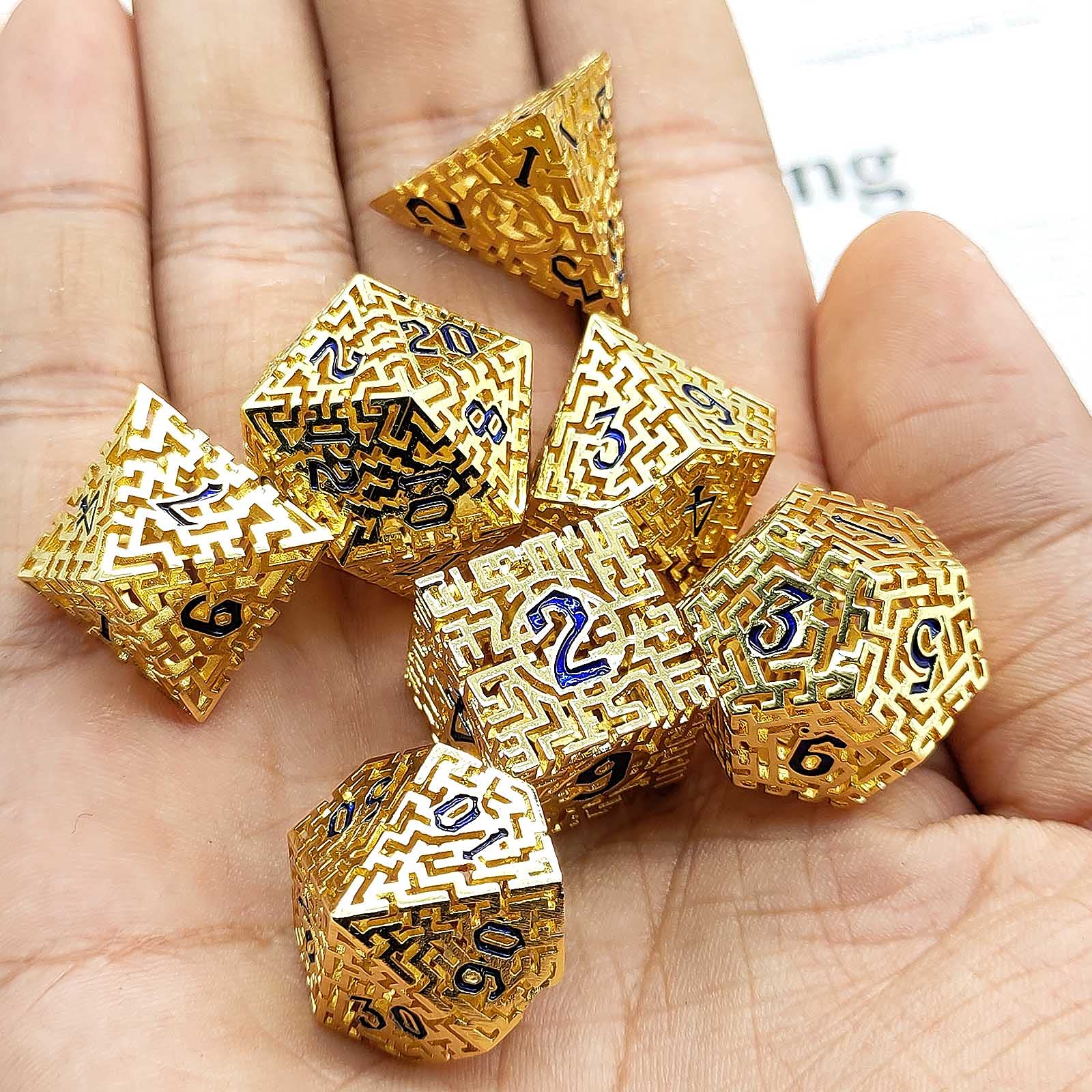 DND Dice Set D&D Metal Dungeons and Dragons Hollow Dice Tabletop Games Polyhedral Pathfinder Multi Sided Roleplaying RPG MTG 7 Board Accessories Gifts D4 D6 D8 D10 D12 D20 (Golden Blue)