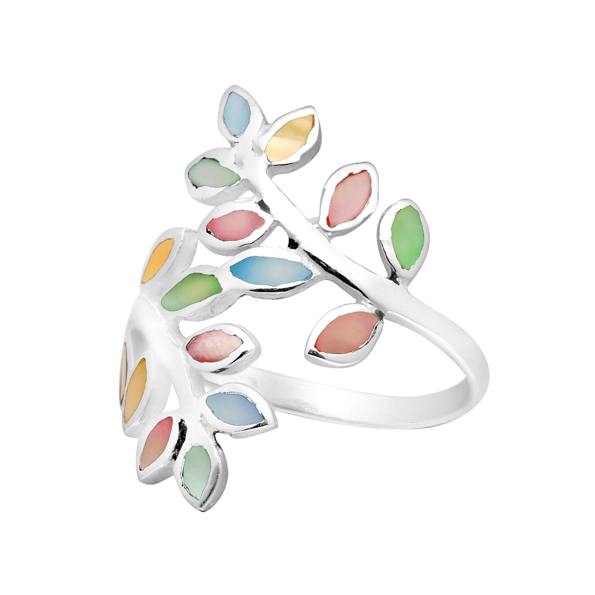 AeraVida Peaceful Olive Branch Sterling Silver Multi Colored Mother of Pearl Inlay Wrap Ring (9)