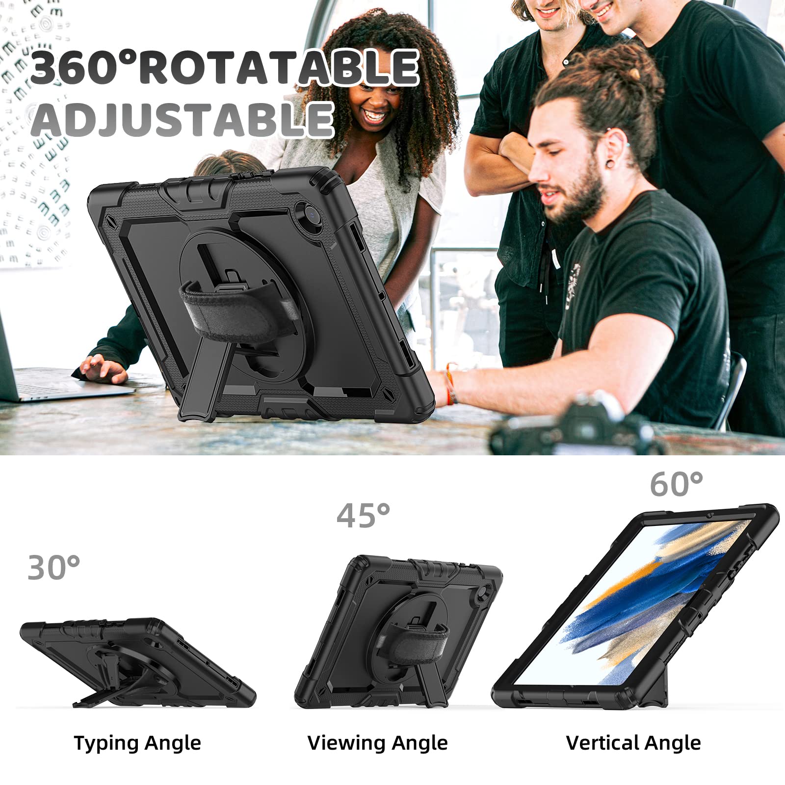 BLOSOMEET Case for Samsung Galaxy Tab A8 10.5 Inch 2022 SM-X200/X205/X207 with [Tempered Glass Screen Protector],Case for Galaxy Tab A8 w/S Pen Holder Stand Hand Strap &Shoulder Strap,Black