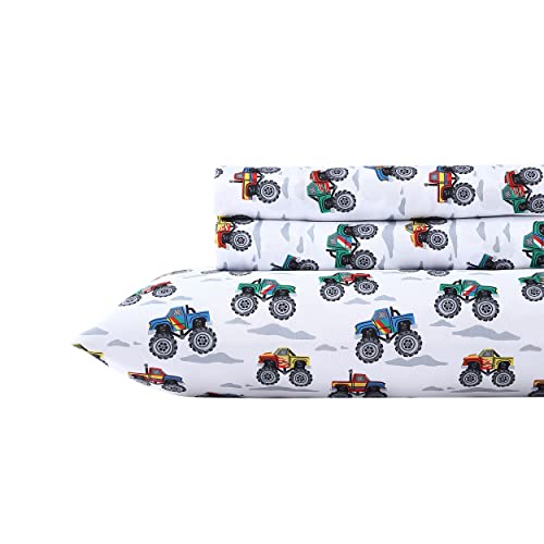 Poppy & Fritz Kids, Twin Sheet Set, Stain Resistant Kids Bedding, Soft & Cozy Toddler Bedding Set (Trucks Grey, Twin)