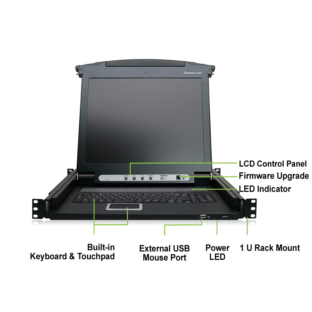 IOGEAR RBA1025 1-Port Integrated KVM Console with 17 Inch TFT LCD Active Matrix Monitor, Keyboard and Touchpad, GCL1800, Black