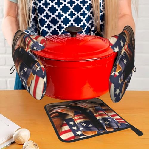 American Flag with Cowboy Boots Oven Mitts and Pot Holders Set–Ultimate Heat Resistant Set for Kitchen and Dining