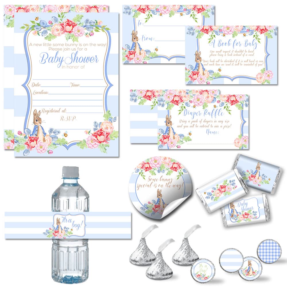 Amanda Creation Little Rabbit Boy Baby Shower Party Bundle Includes 20 each of Invitations with Envelopes + 4 Different Sizes of Decorative Stickers, Diaper Tickets & Bring a Book Cards
