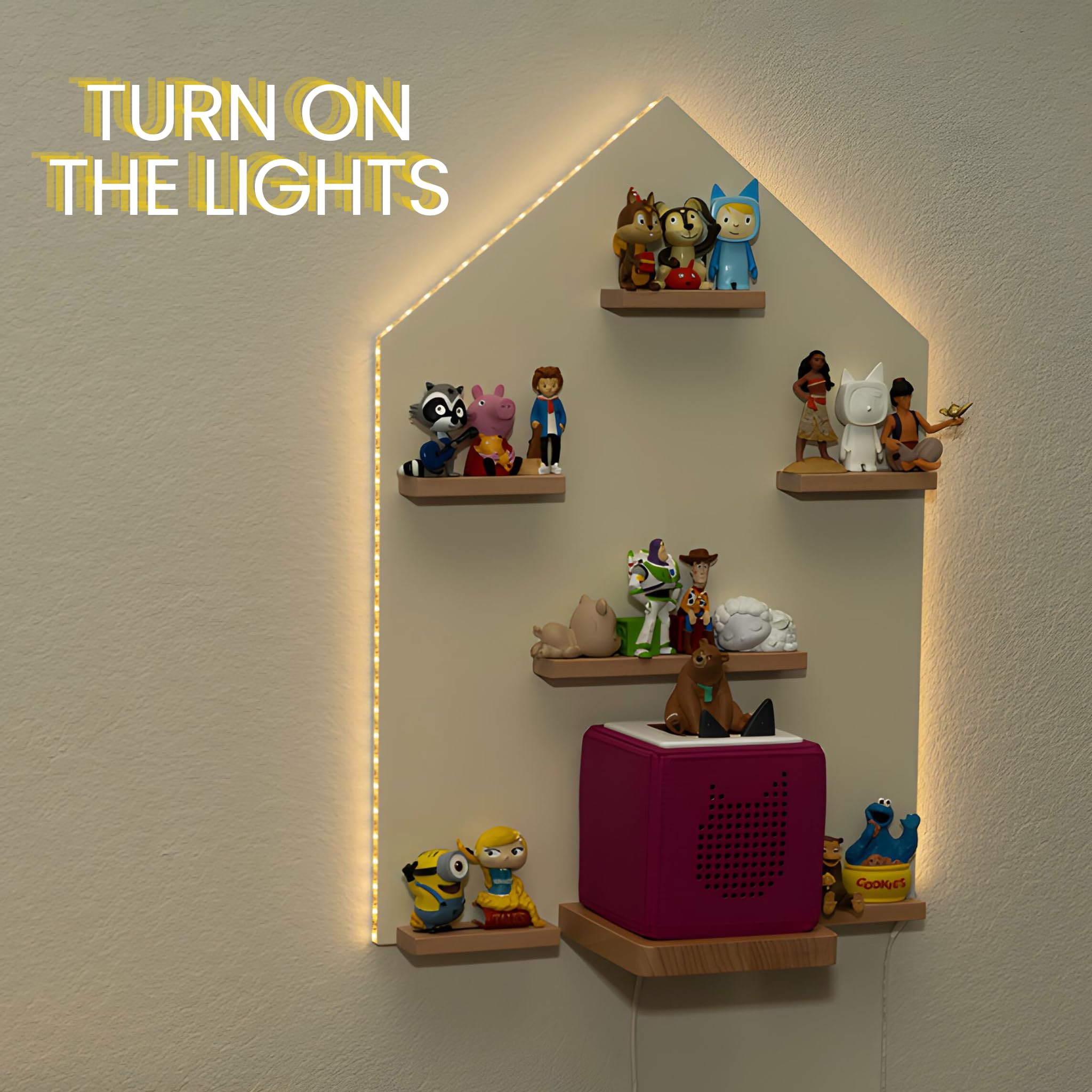 BigStep Large LED Magnetic Shelf Compatible with Toniebox, Tonies Figures, Tonies Characters and Other Tonies Accessories - Use as Wall Shelf or Free Standing - Integrated Warm-White LED Strip