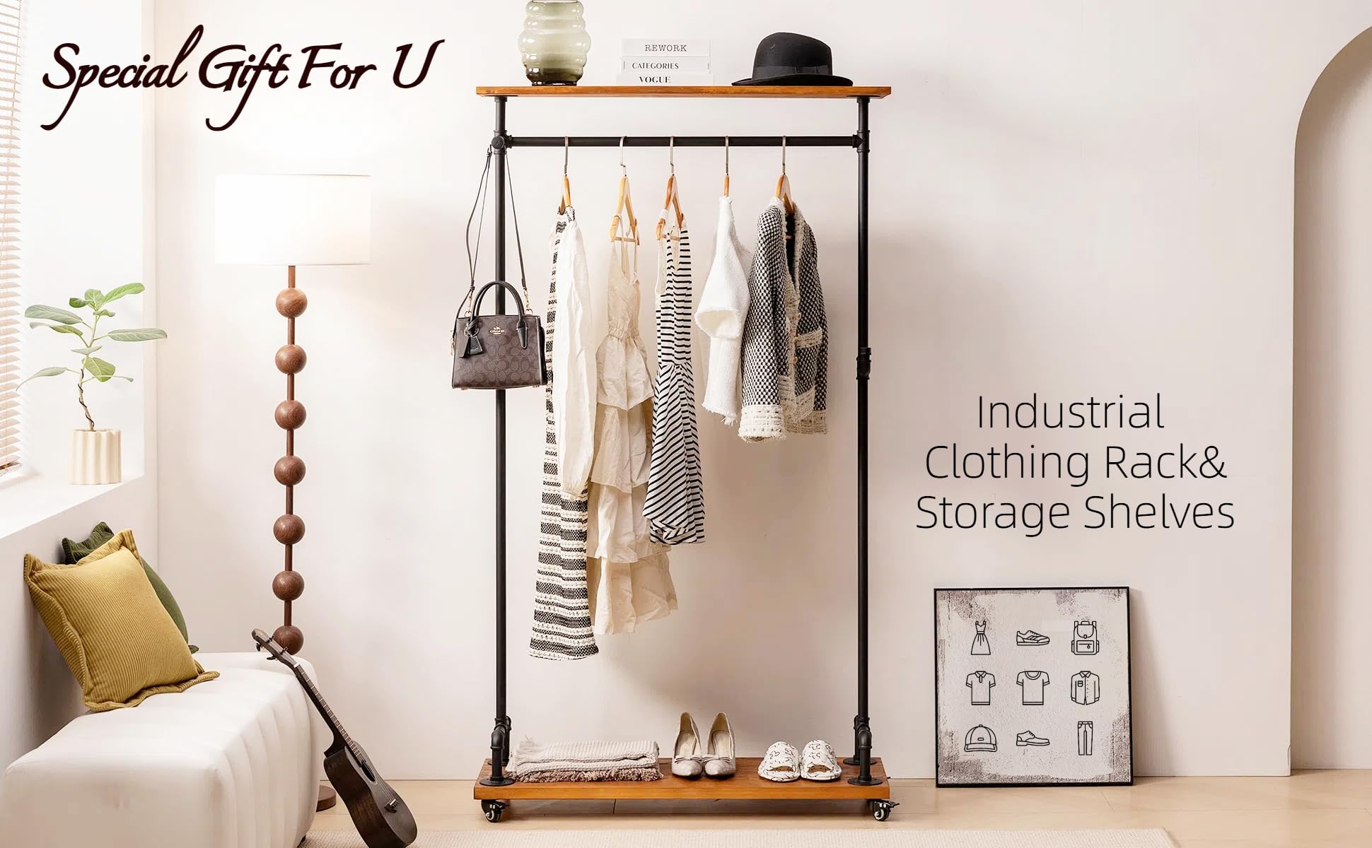 BIXIRAO Industrial Pipe Clothing Rack on Wheels, Rolling Iron Garment Racks with Wood Shelves, Commercial Heavy Duty Clothing Racks, Steampunk Clothes Rack Retail (Two Tiers)