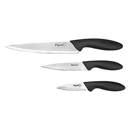 Pigeon 3-Piece Knife Set with Contoured Handle, Utility, Paring & Chef's Knife Set for Kitchen, Razor-Sharp Stainless Steel Blades, Lightweight, Dishwasher Safe, Ideal For Meat, Veggies, Herbs & Nuts