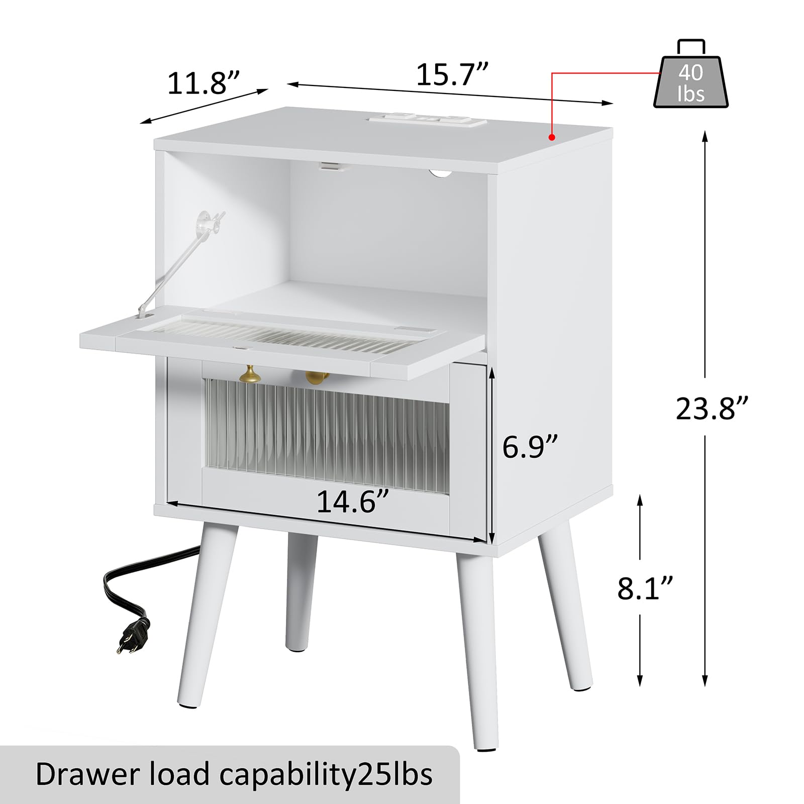 Lomojo Night Stand Set of 2, Nightstand with Charging Station, Mid Century Modern Bedside Table with Glass Decorative Drawer,2 Tiers End Table Side Table with Solid Wood Feet White (Modern, 2)