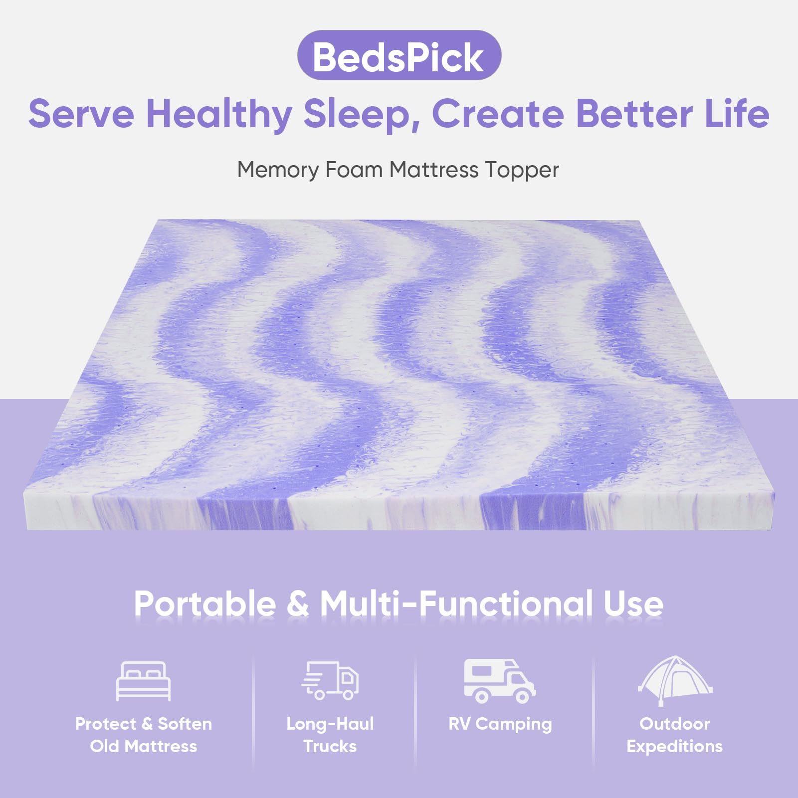 BedsPick 2 Inch Memory Foam Mattress Topper Twin XL, Gel Infused Swirl Soft Foam, College Dorm Extra Long XL Mattress Toppers Single Bed Toppers