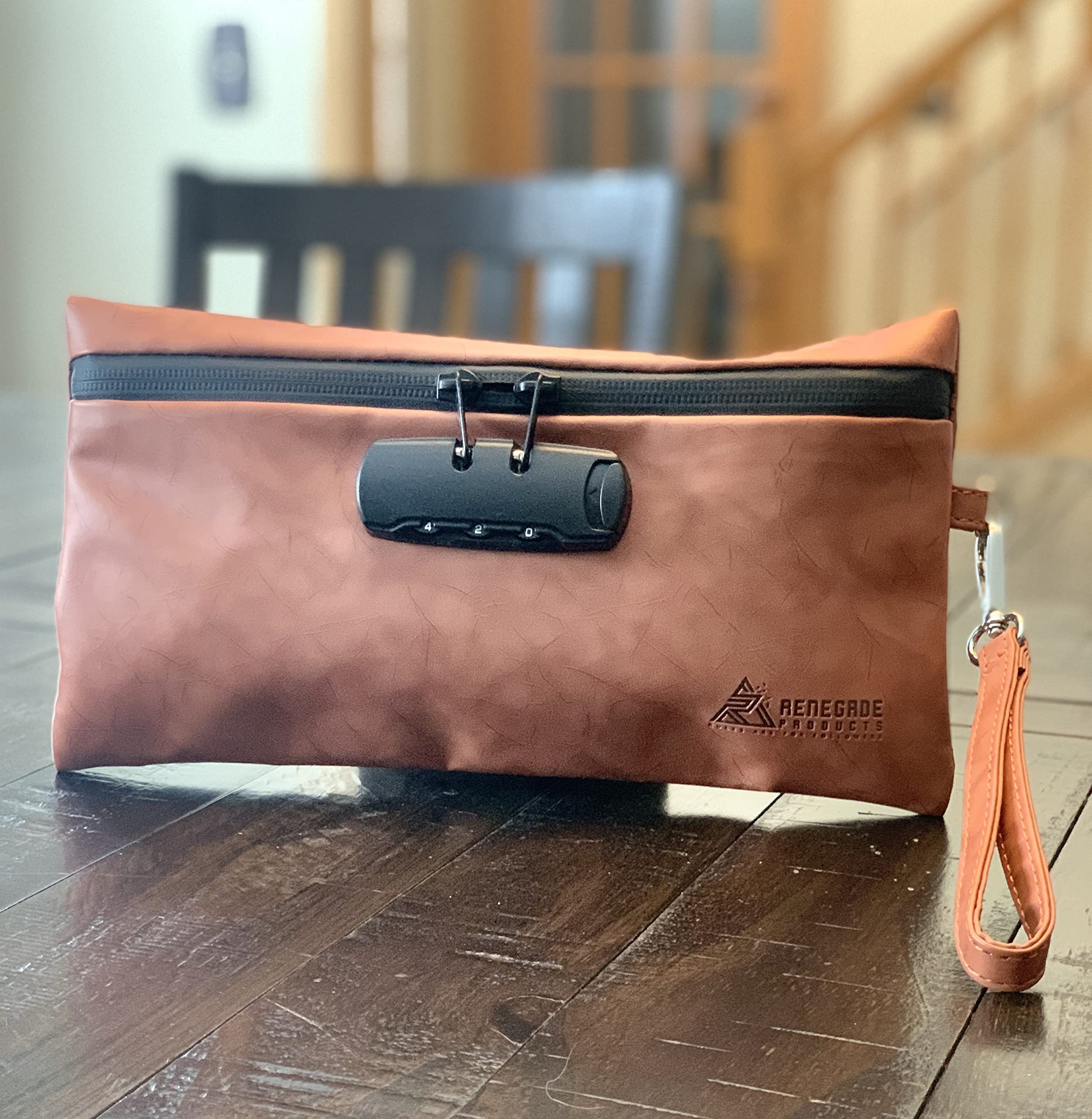 iRenegade locking cash drop money bag with 3 digit personal combination lock travel security leather finish wristlet clutch bag odor absorbing + smell proof (lite brown)