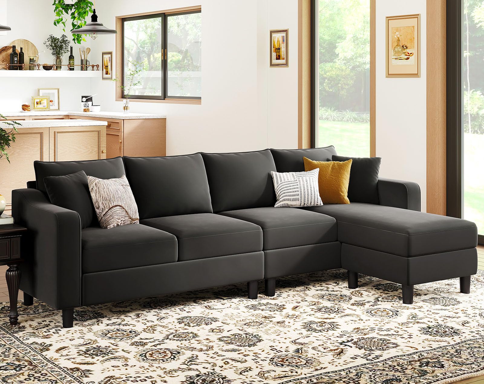 Belffin Velvet Convertible Sectional Sofa L Shaped Couch Reversible Sectional Sofa with Chaise Velvet 4 Seat Sectional Sofa (Grey)…