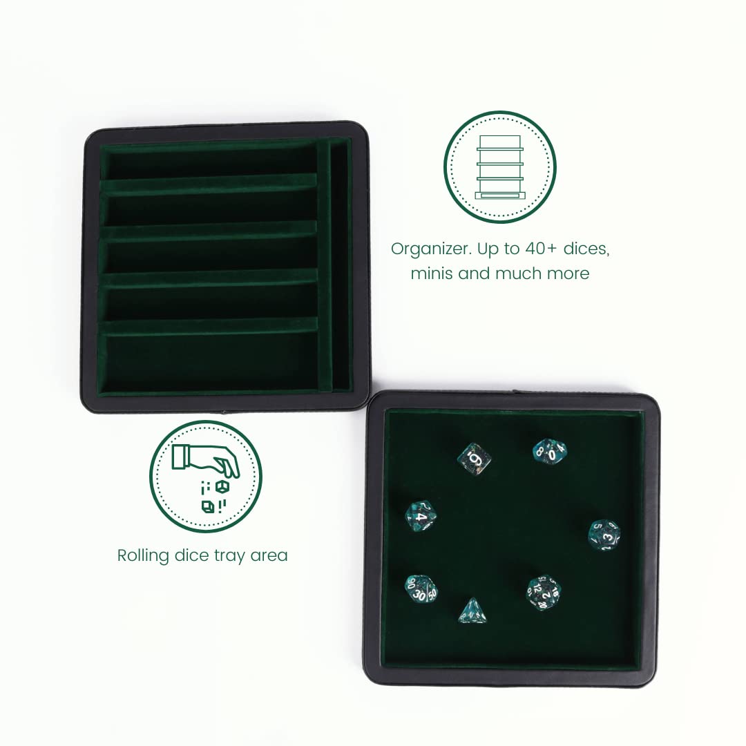 Guarida Dice - 7" Rolling Dice Tray with Strong Magnetic Lid and Rolling Surface - Ample Storage and Case Organizer for All Your Dice and Minis! Perfect for DND or Any Dice RPG Games - Green Cthulhu