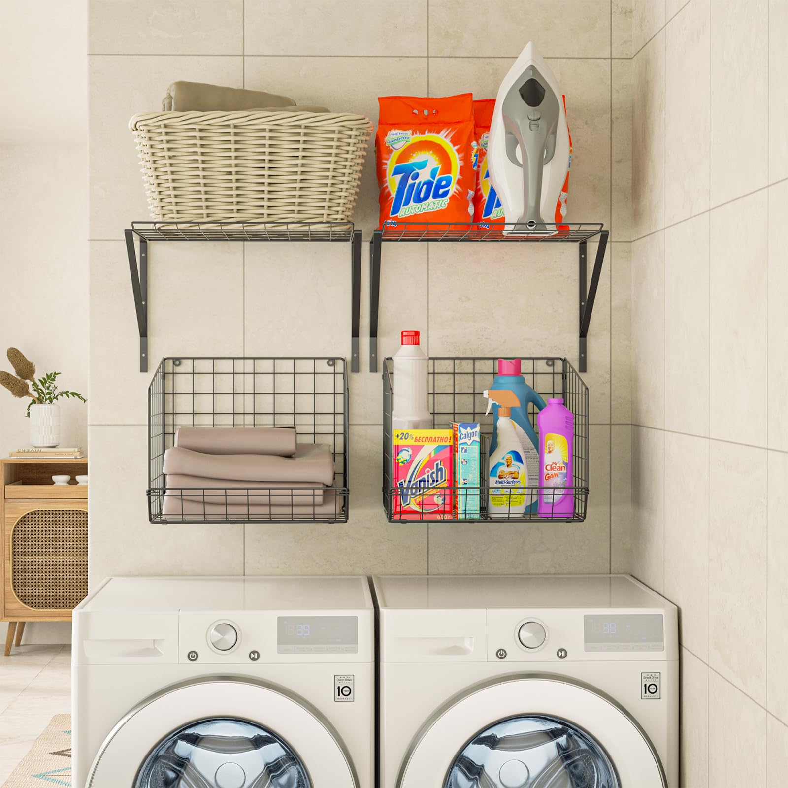 AUATRONNE 4 Pack Laundry Room Shelves Wall Mounted with Wire Baskets, Over Washer and Dryer Shelf, Laundry Room Organizer and Storage with 2 Removable Dividers -Black