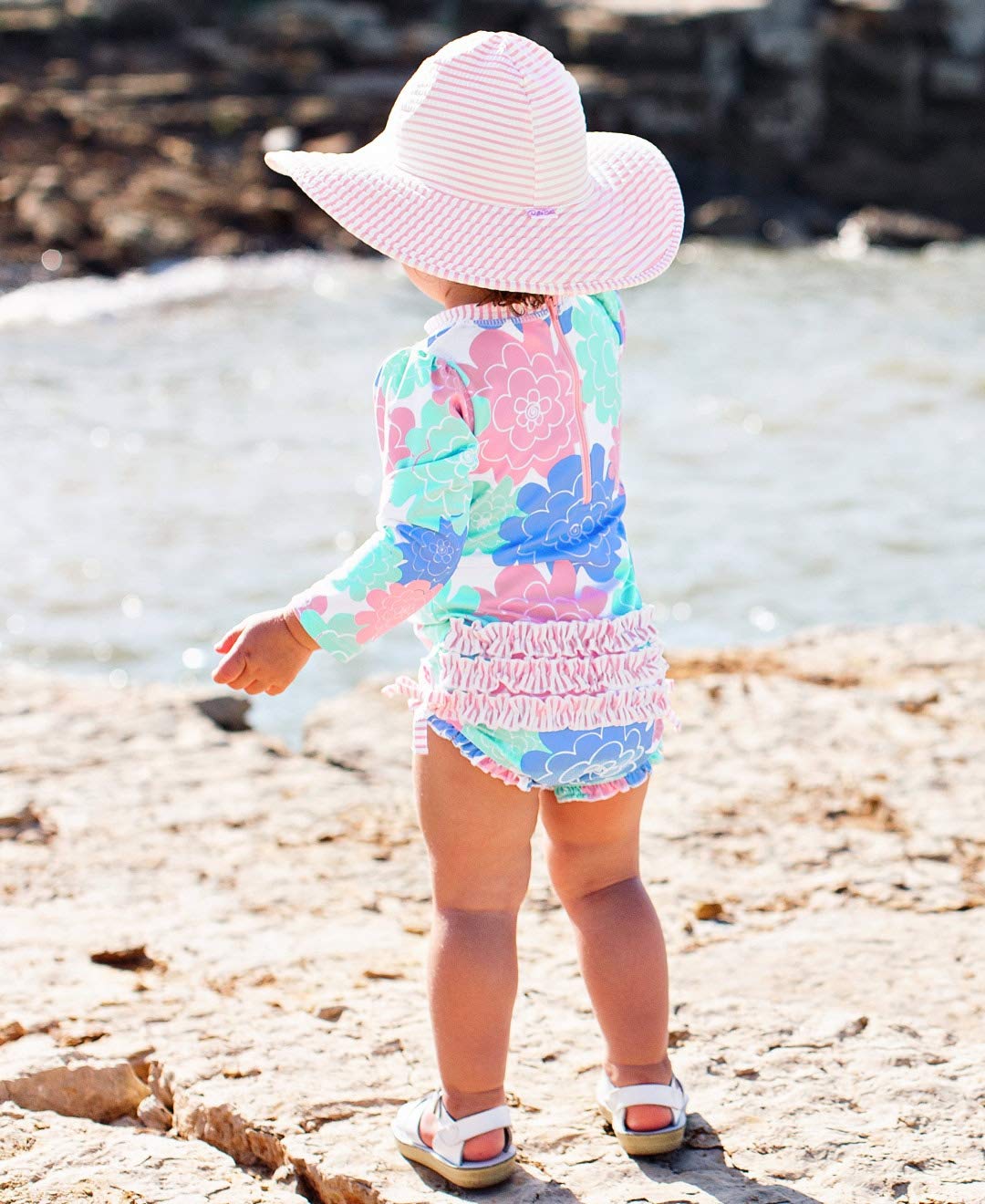 RuffleButts® Baby/Toddler Girls Pink Striped Seersucker Swim Hat - 0-12m