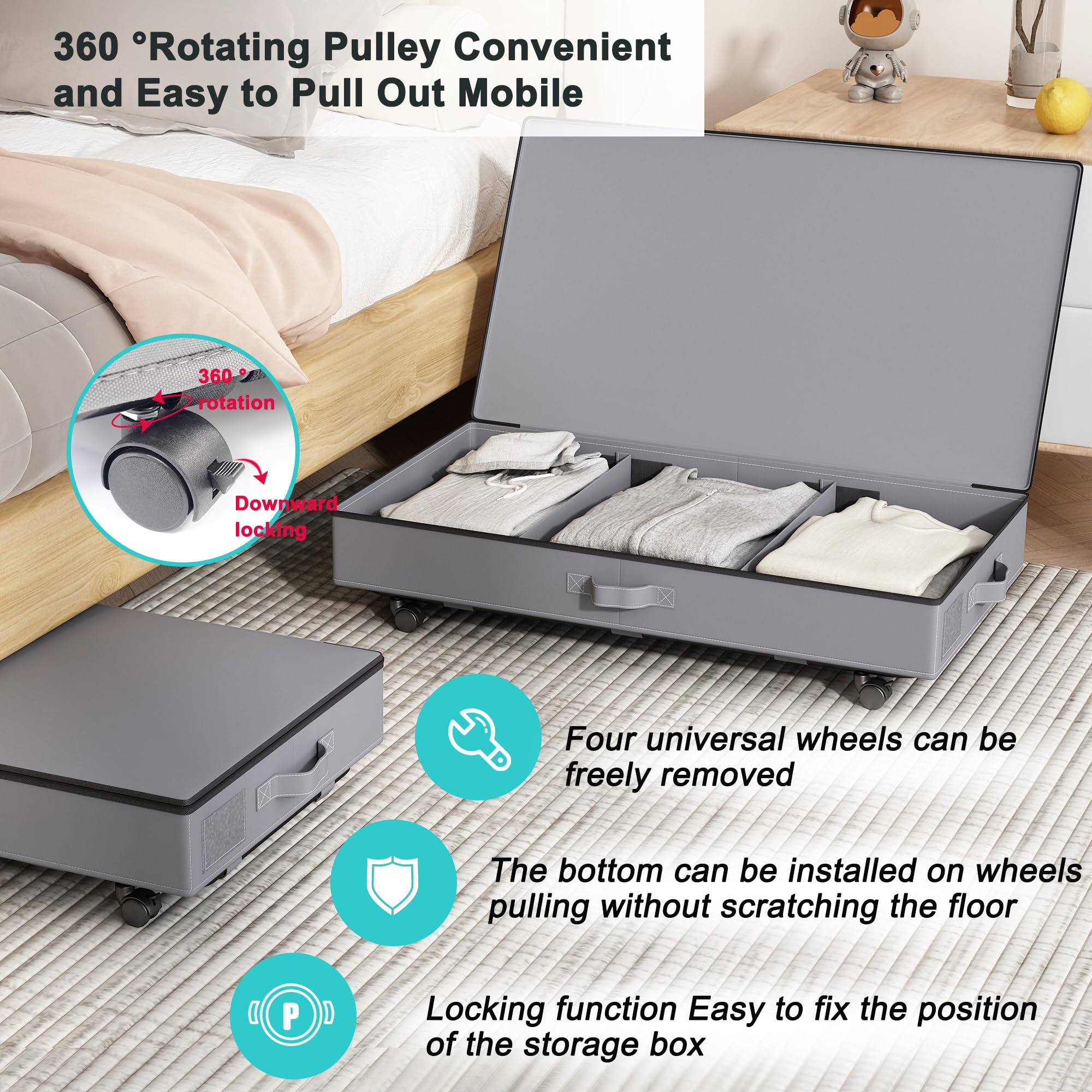 BEESTMUEBLE 2Pack Under Bed Storage, 53 L Under Bed Storage Containers with Wheels and Lids, Thicken 600D Oxford Cloth Under the Bed Organizer with Handles for Blankets, Pillows and Clothes, Grey