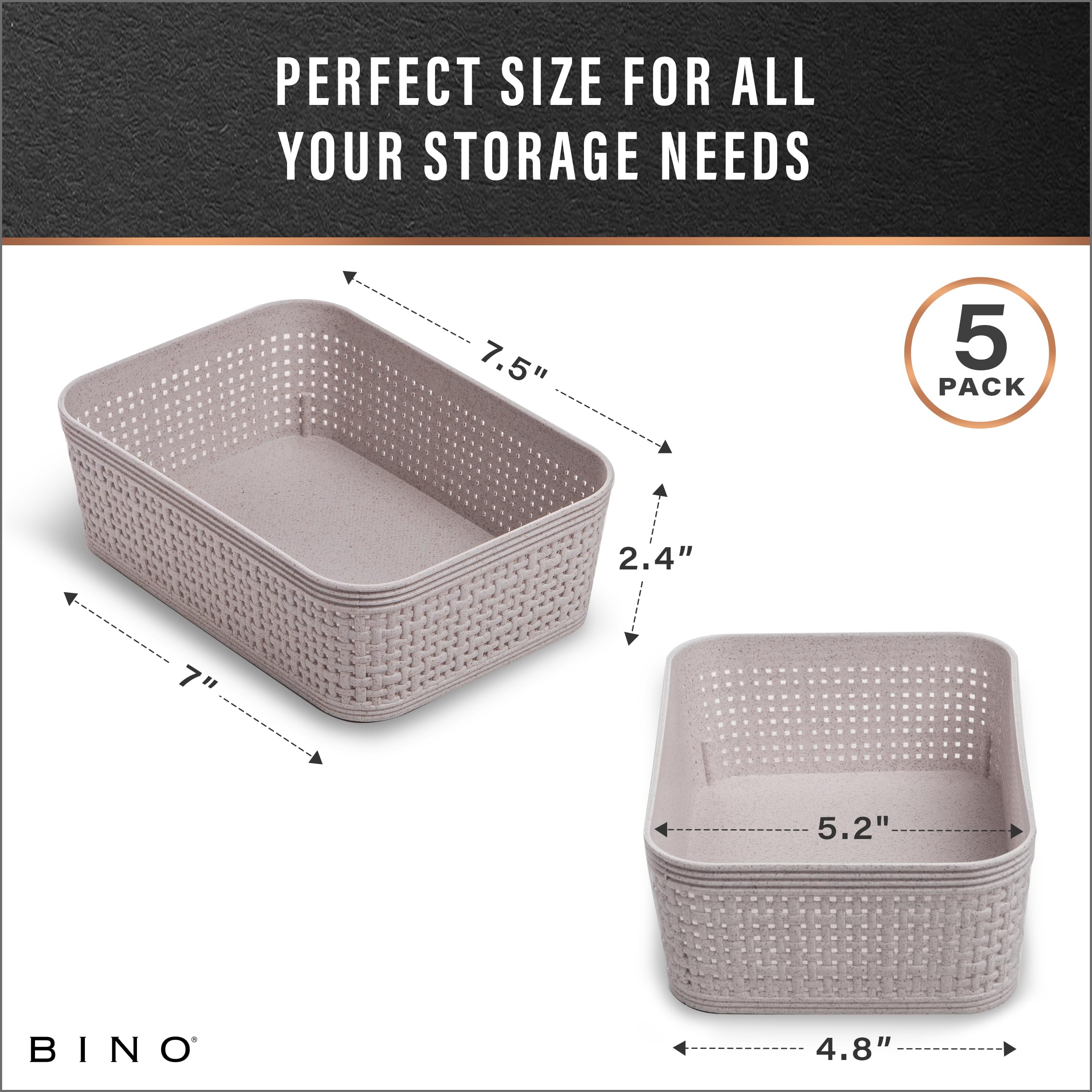 BINO | Woven Plastic Basket | XS (Natural Grey), 5-Pack | THE JUTE COLLECTION | Home Organization, Space - Saving Storage, Stylish Design | Jute Basket | Plastic Storage Basket