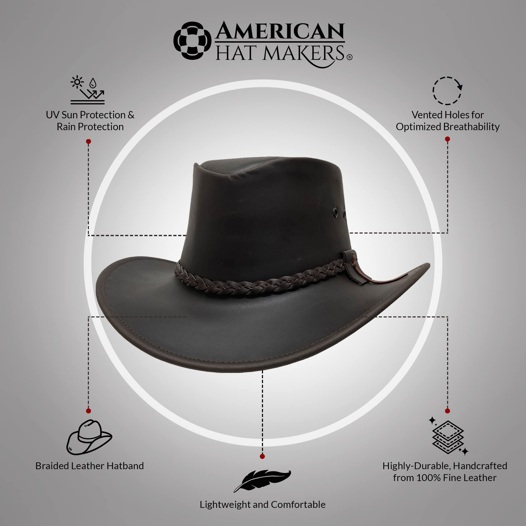 American Hat Makers Leather Bushman Outback Hat, Leather Hats for Men & Women Brown