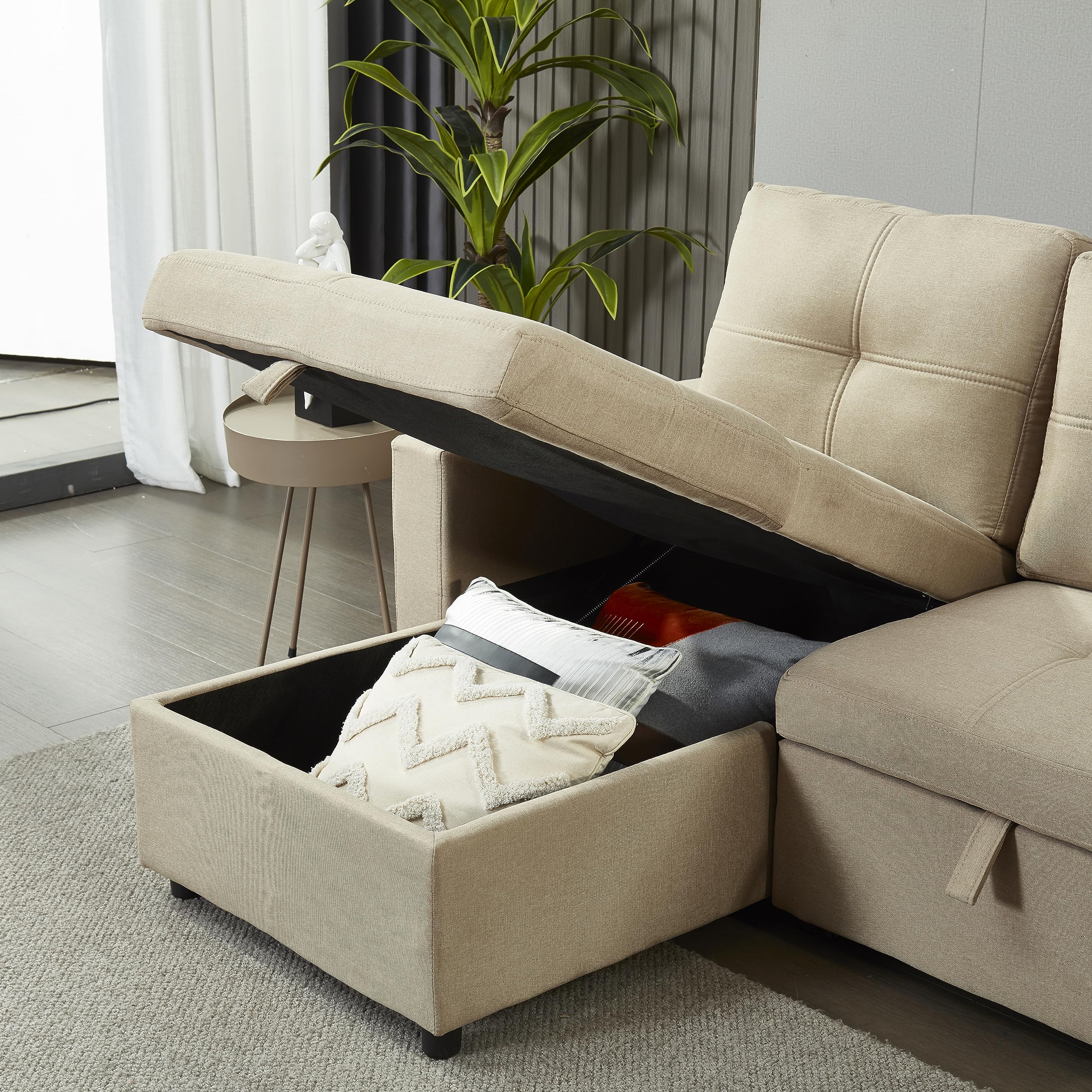 Bonrcea Pull Out Sleeper Sofa,L-Shaped Reversible Sleeper Sectional Sofa Bed with Storage Chaise for Living Room (Light.Brown)
